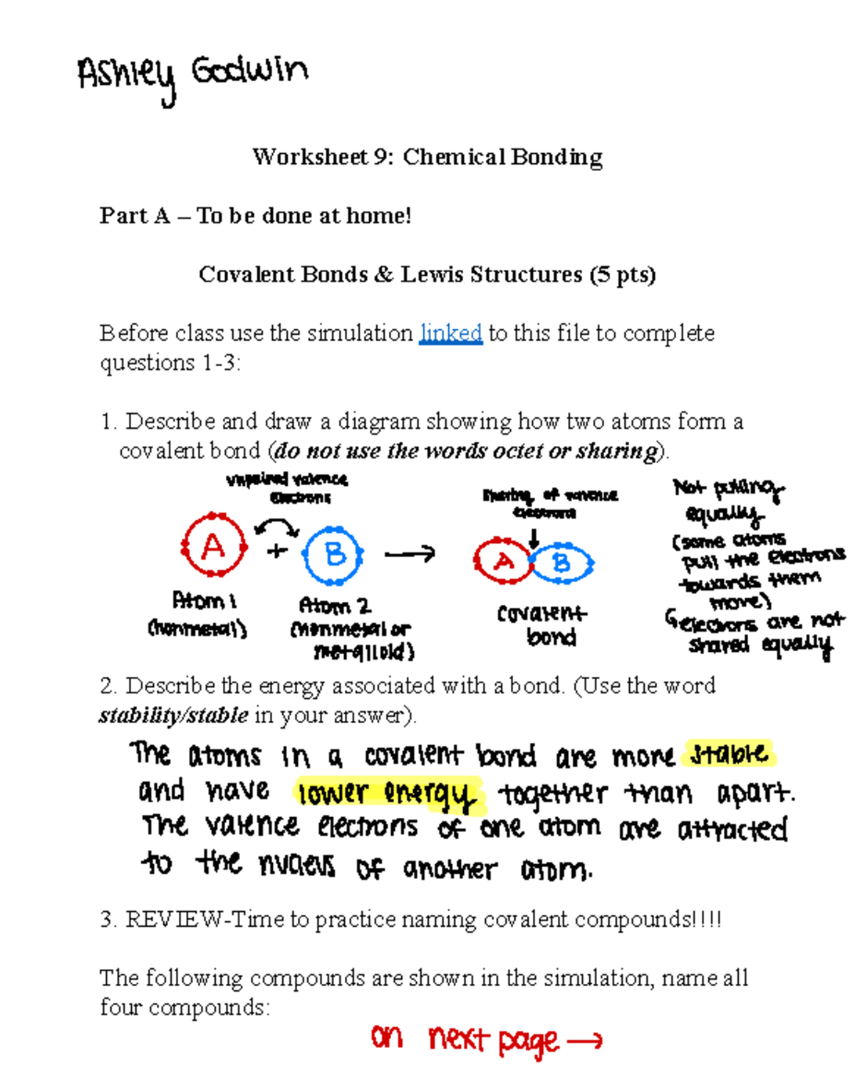 Worksheet 9 - Chemical Bonding - Worksheet 9 : Chemical Bonding Part A ...