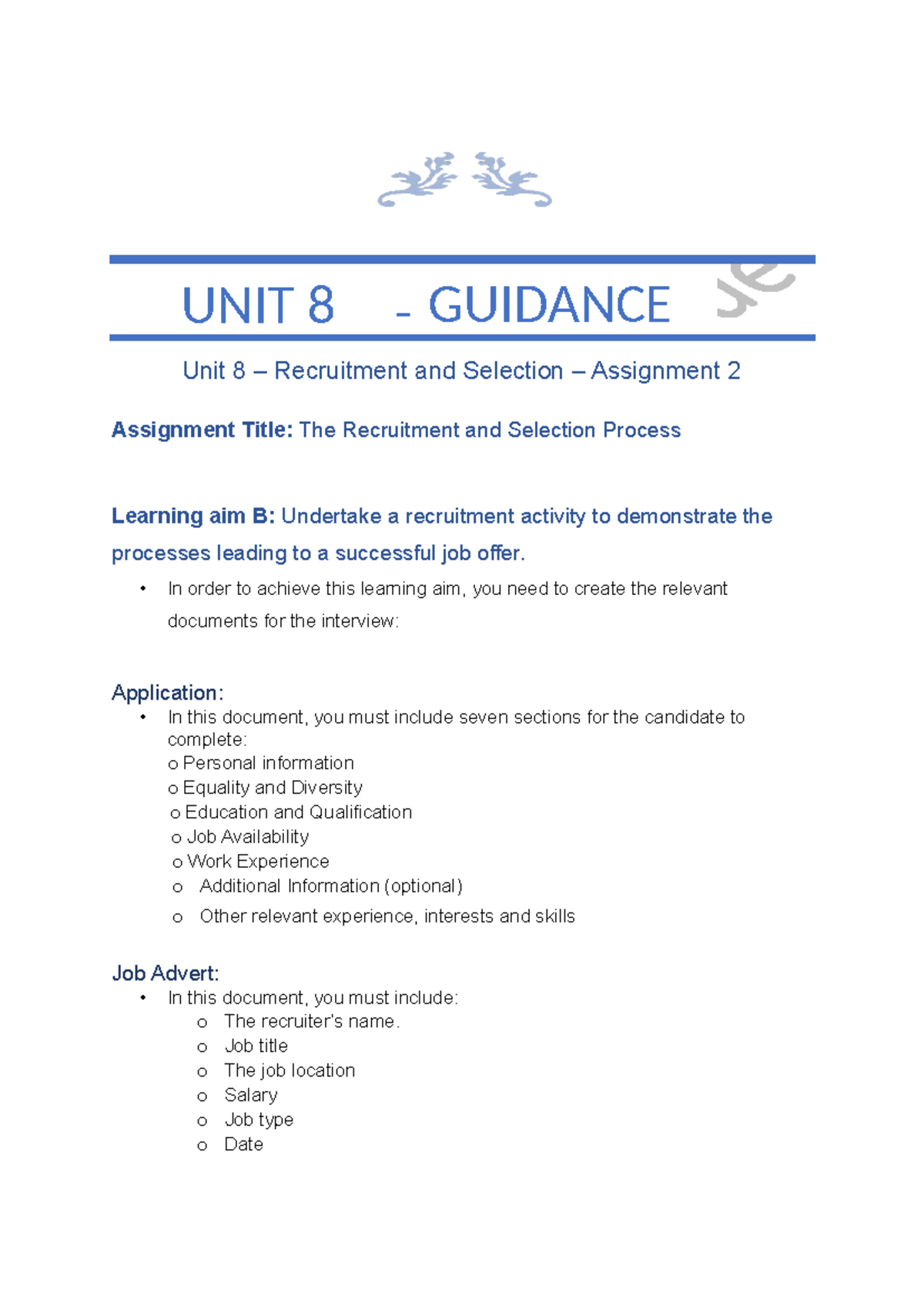 Unit 8 - Assignment 2 - Guidance - Unit 8 – Recruitment and Selection – Assignment 2 Assignment ...