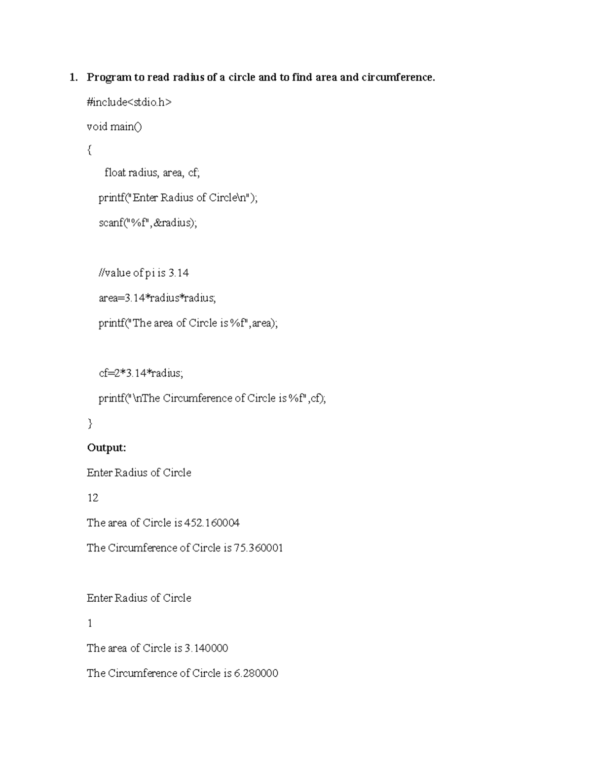 C prog - Program to read radius of a circle and to find area and ...