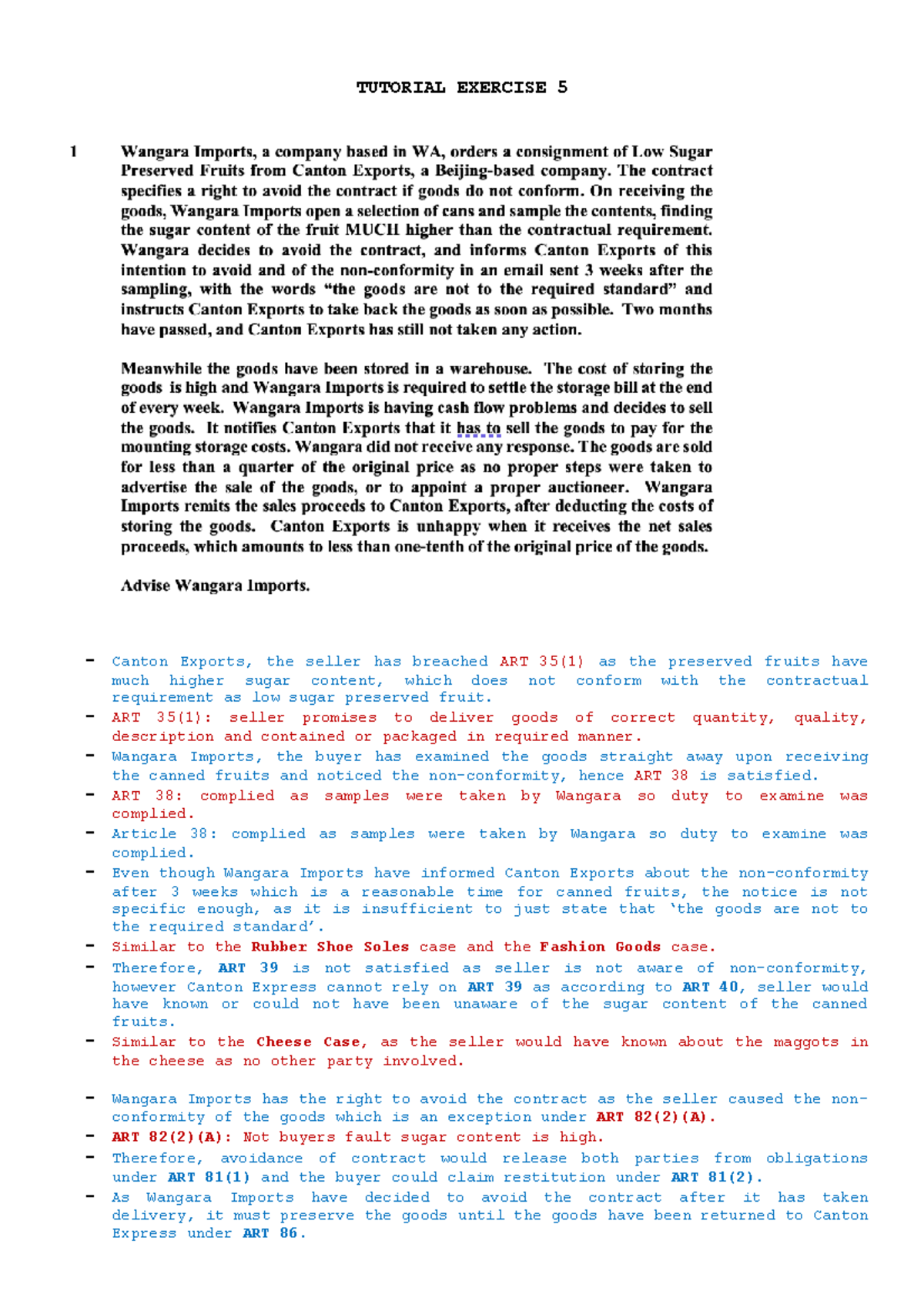 Tutorial 5 cl - TUTORIAL EXERCISE 5 - Canton Exports, the seller has breached ART 35(1) as the ...