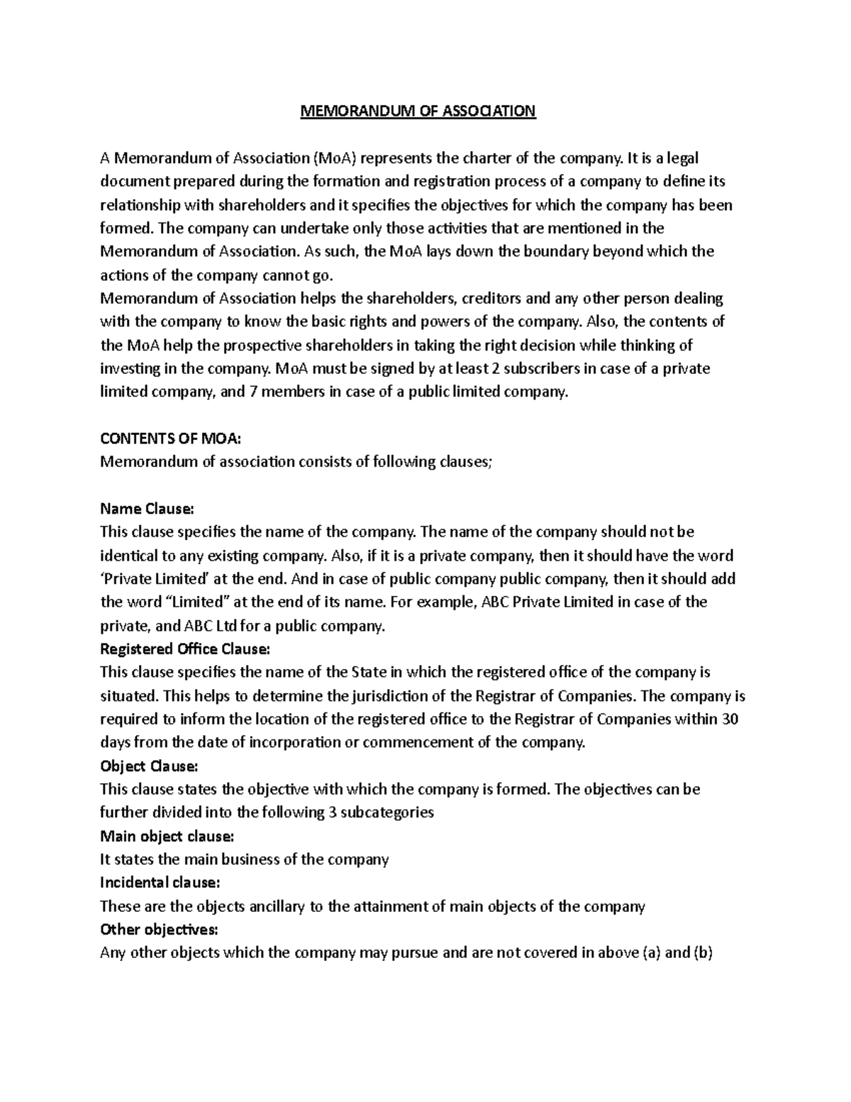 Memorandum of association - It is a legal document prepared during the ...