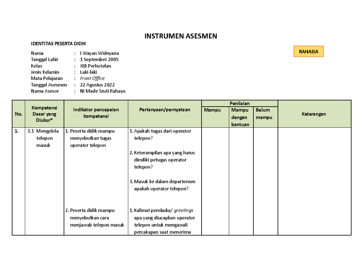 4 Instrumen Asesmen - bbbbb - INSTRUMEN ASESMEN IDENTITAS PESERTA DIDIK Nama : I Wayan Widnyana ...