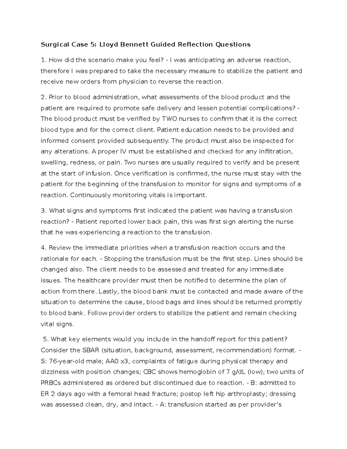 Bonnet reflection - Surgical Case 5: Lloyd Bennett Guided Reflection Questions How did the ...