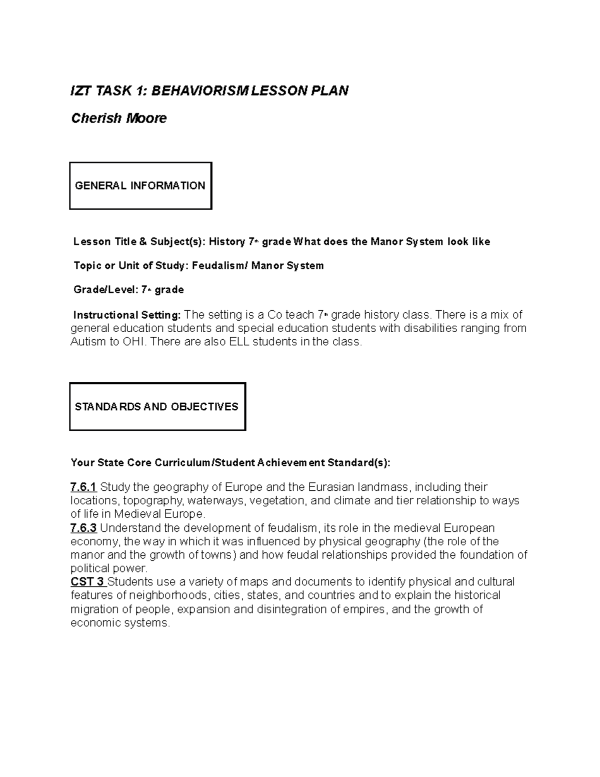 IZT TASK 1 Behaviorism Lesson PLAN - IZT TASK 1: BEHAVIORISM LESSON ...