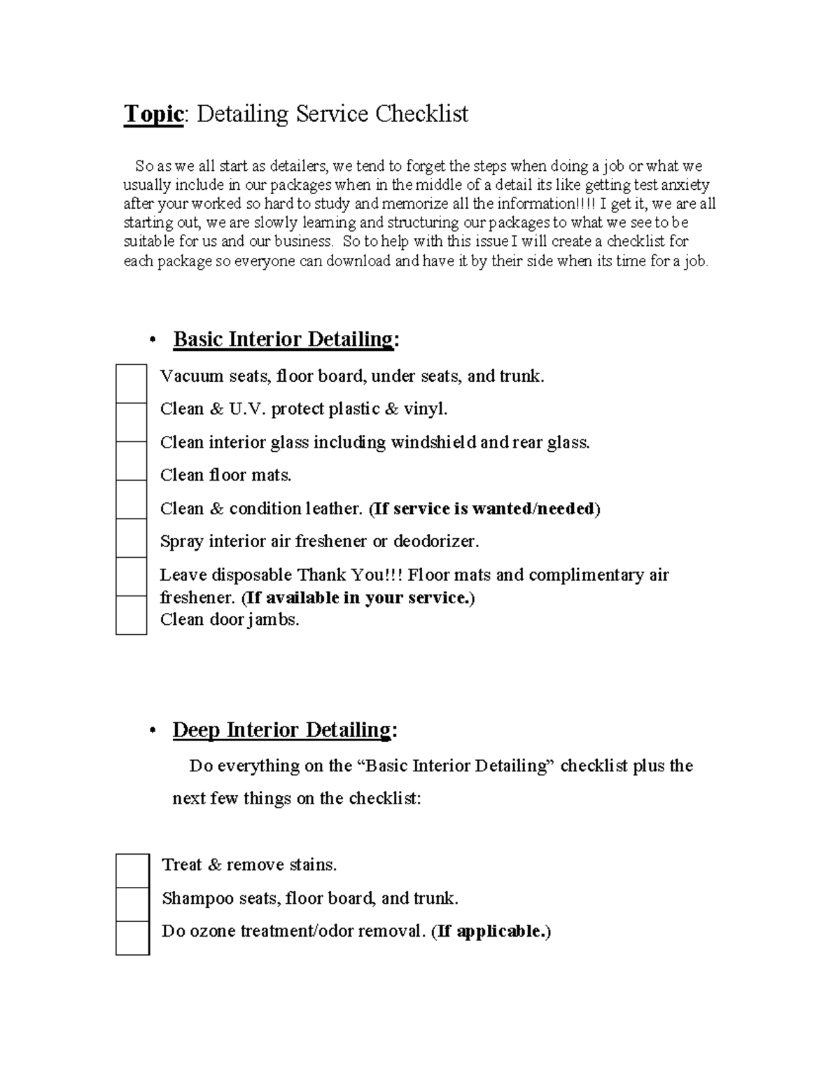 Beginner Detailing- Detailing Checklist - Topic: Detailing Service ...