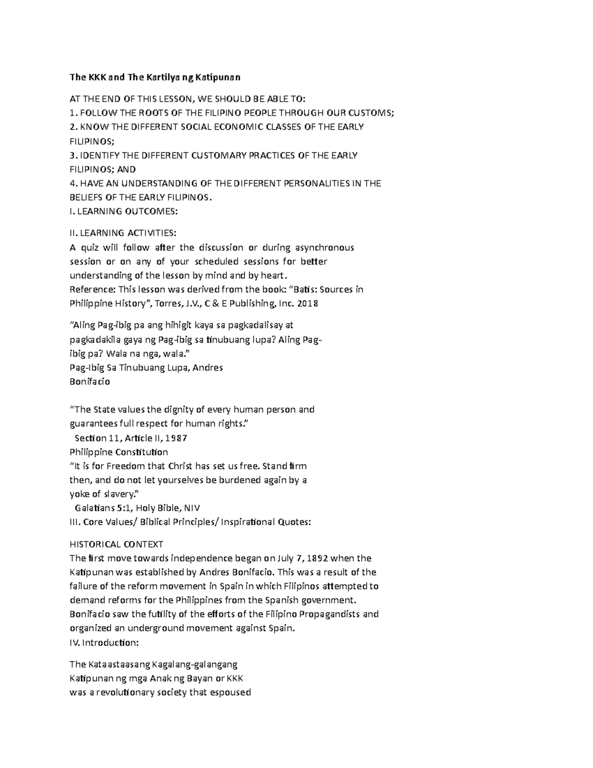 The KKK and The Kartilya ng Katipunan - I. LEARNING OUTCOMES: II ...
