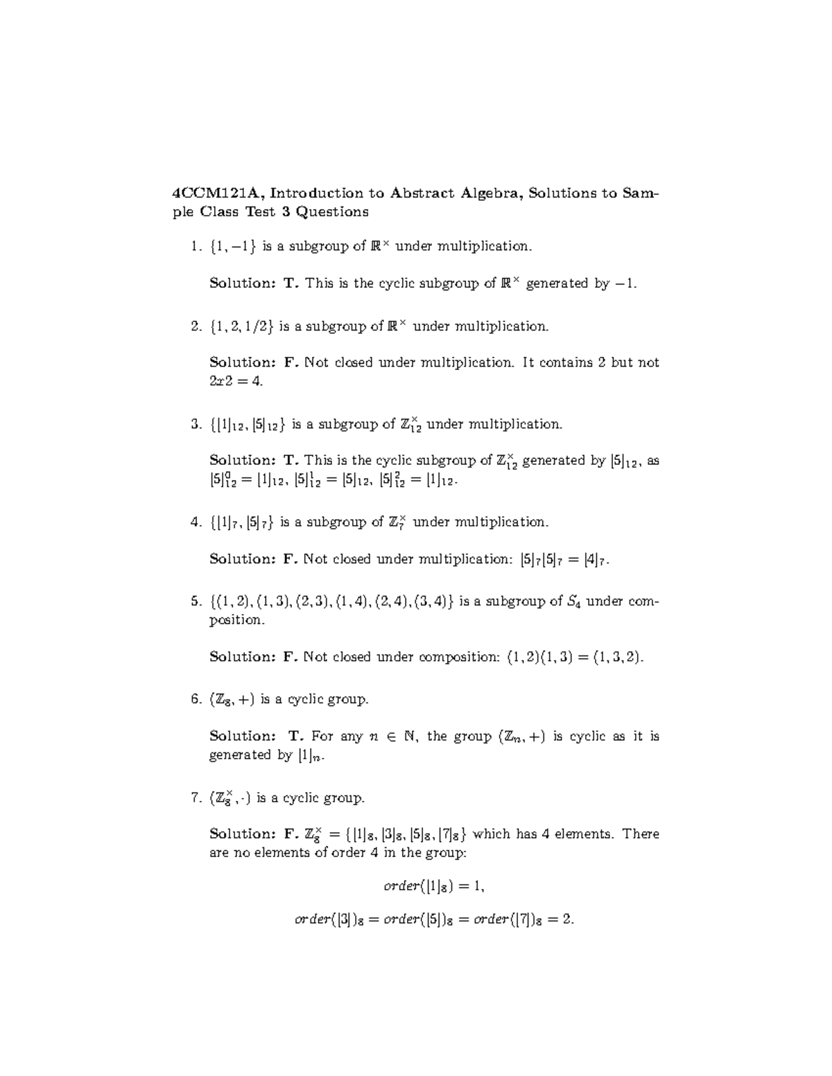 Sample Test 3 solutions - 4CCM121A, Introduction to Abstract Algebra ...