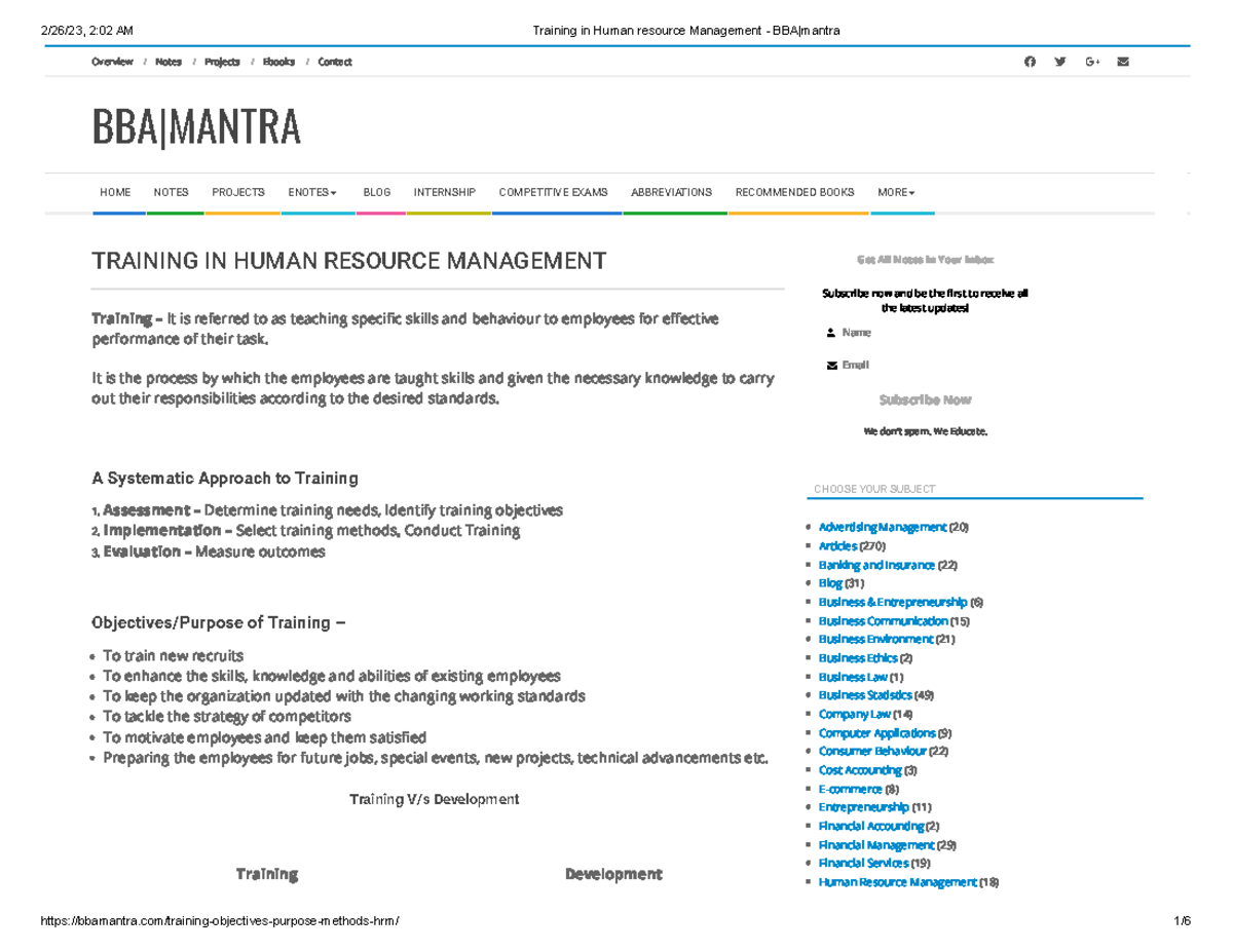 Training in Human resource Management - BBA mantra - Overview / Notes ...