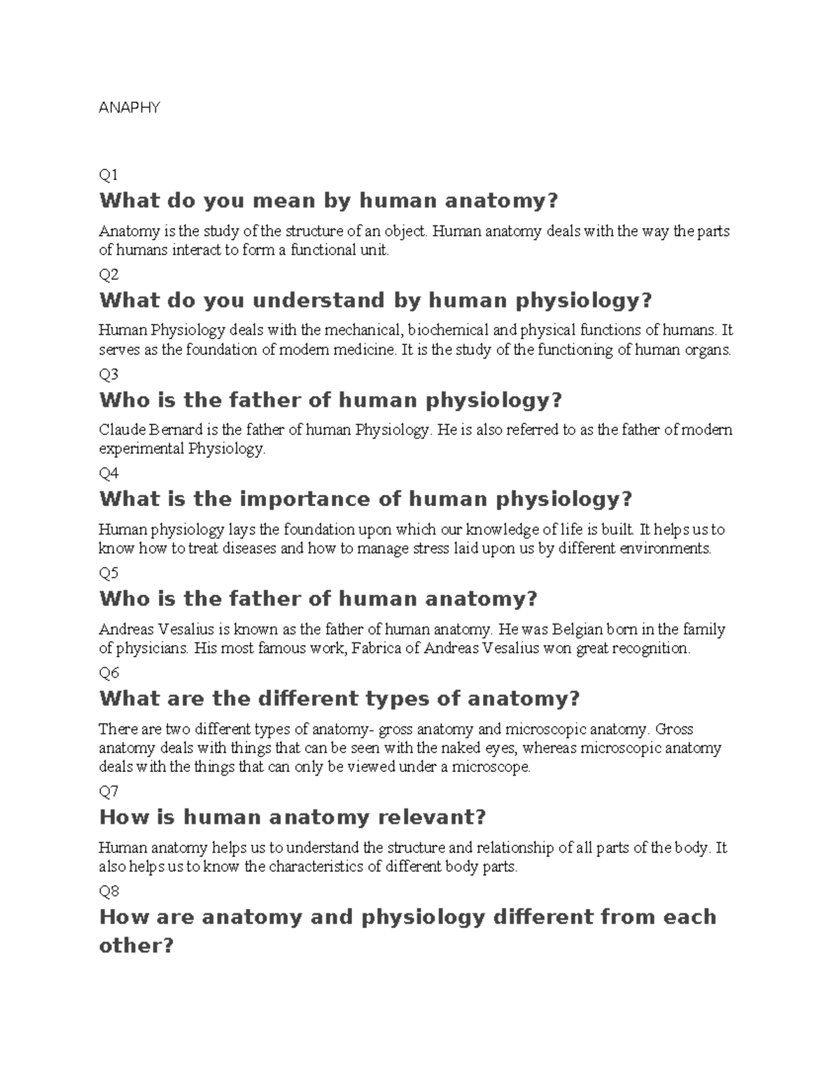 Anaphy questions - ANAPHY Q What do you mean by human anatomy? Anatomy ...