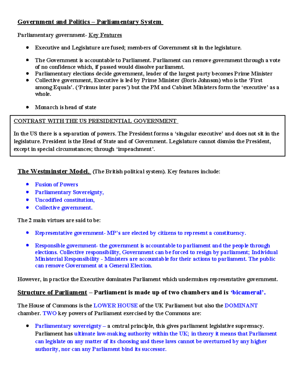 Parliament Notes - Government and Politics – Parliamentary System ...