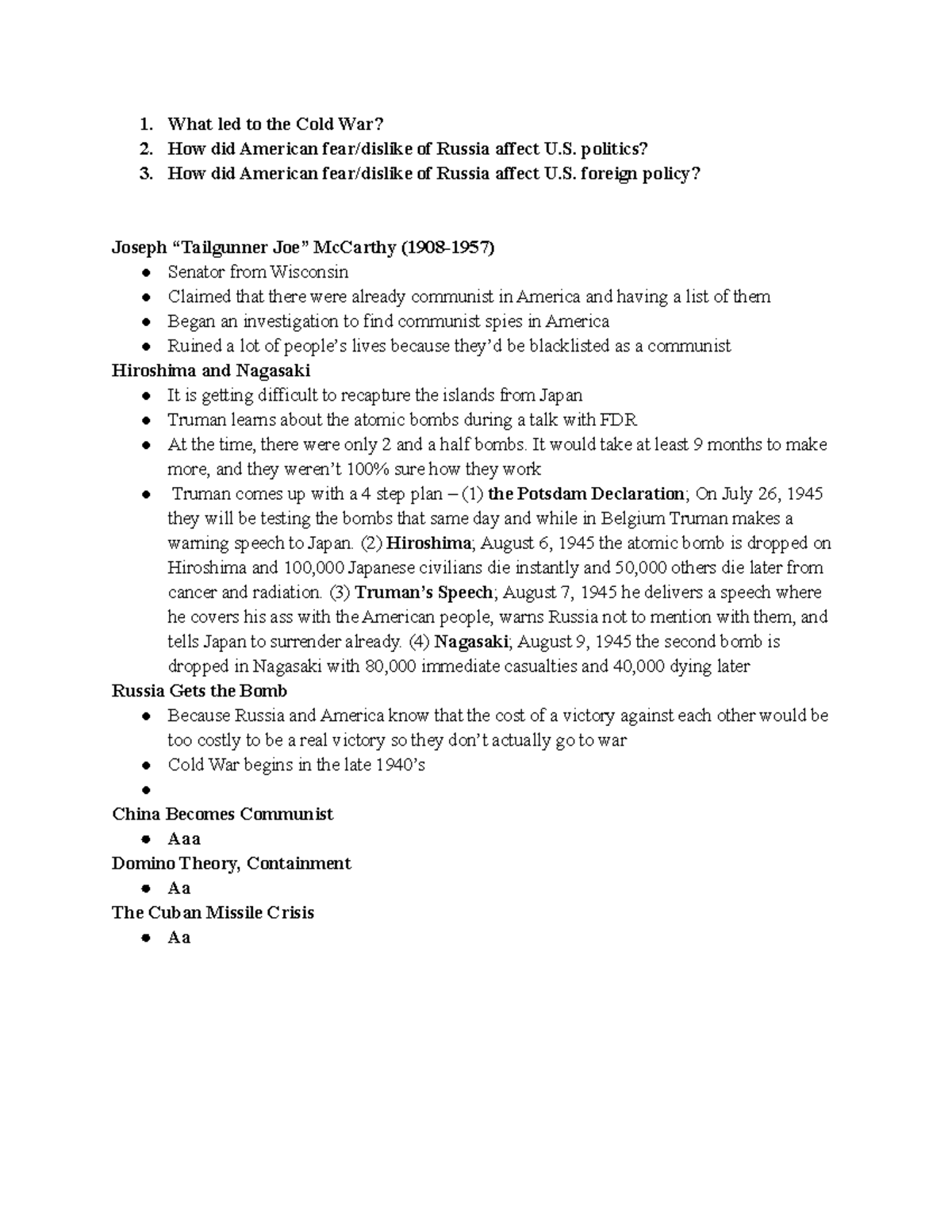 The Cold War Begins - The Cold War lecture notes - What led to the Cold ...