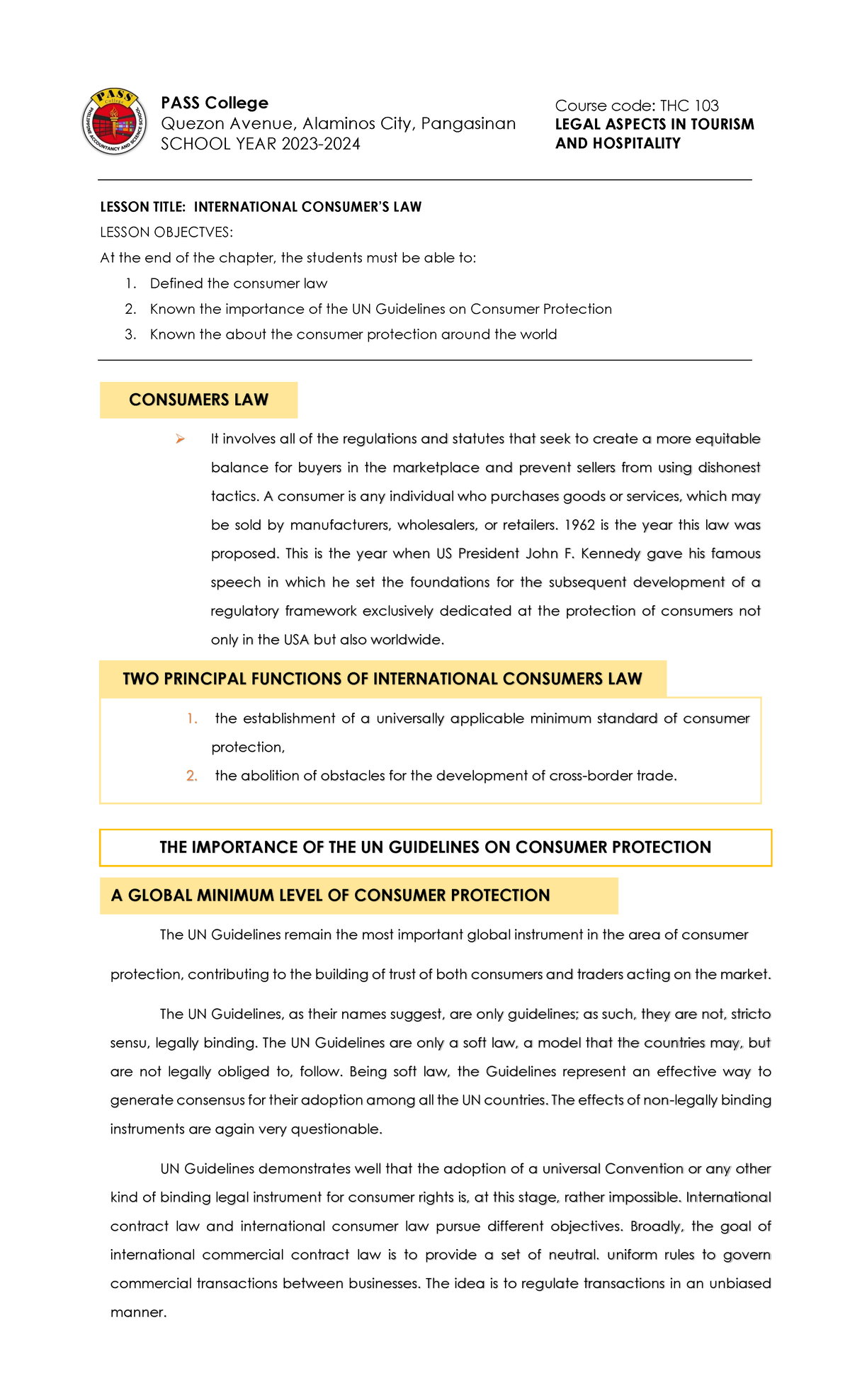 Legal 1 - LESSON TITLE: INTERNATIONAL CONSUMER’S LAW LESSON OBJECTVES ...