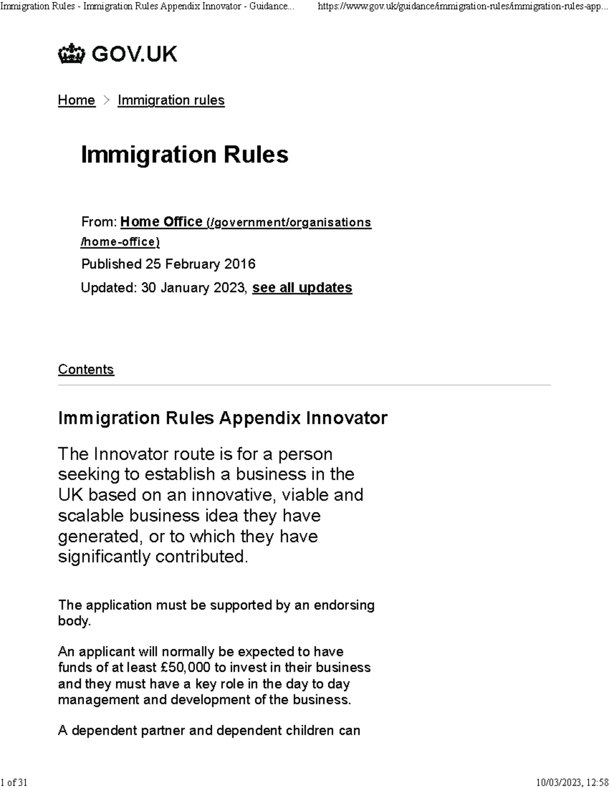 Immigration Rules - Immigration Rules Appendix Innovator - Guidance ...