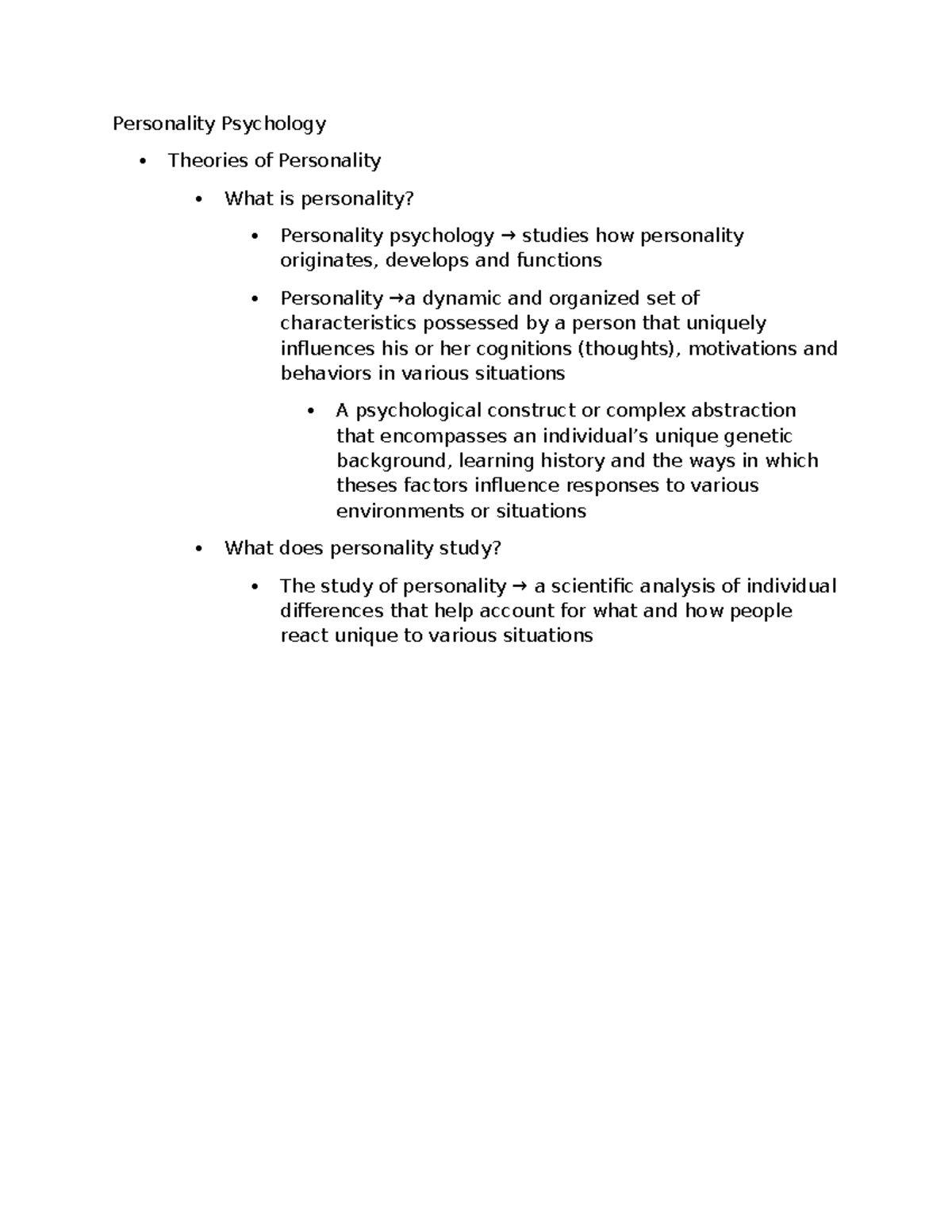 Personality Psychology PPT 1 Notes - Personality Psychology Theories of ...