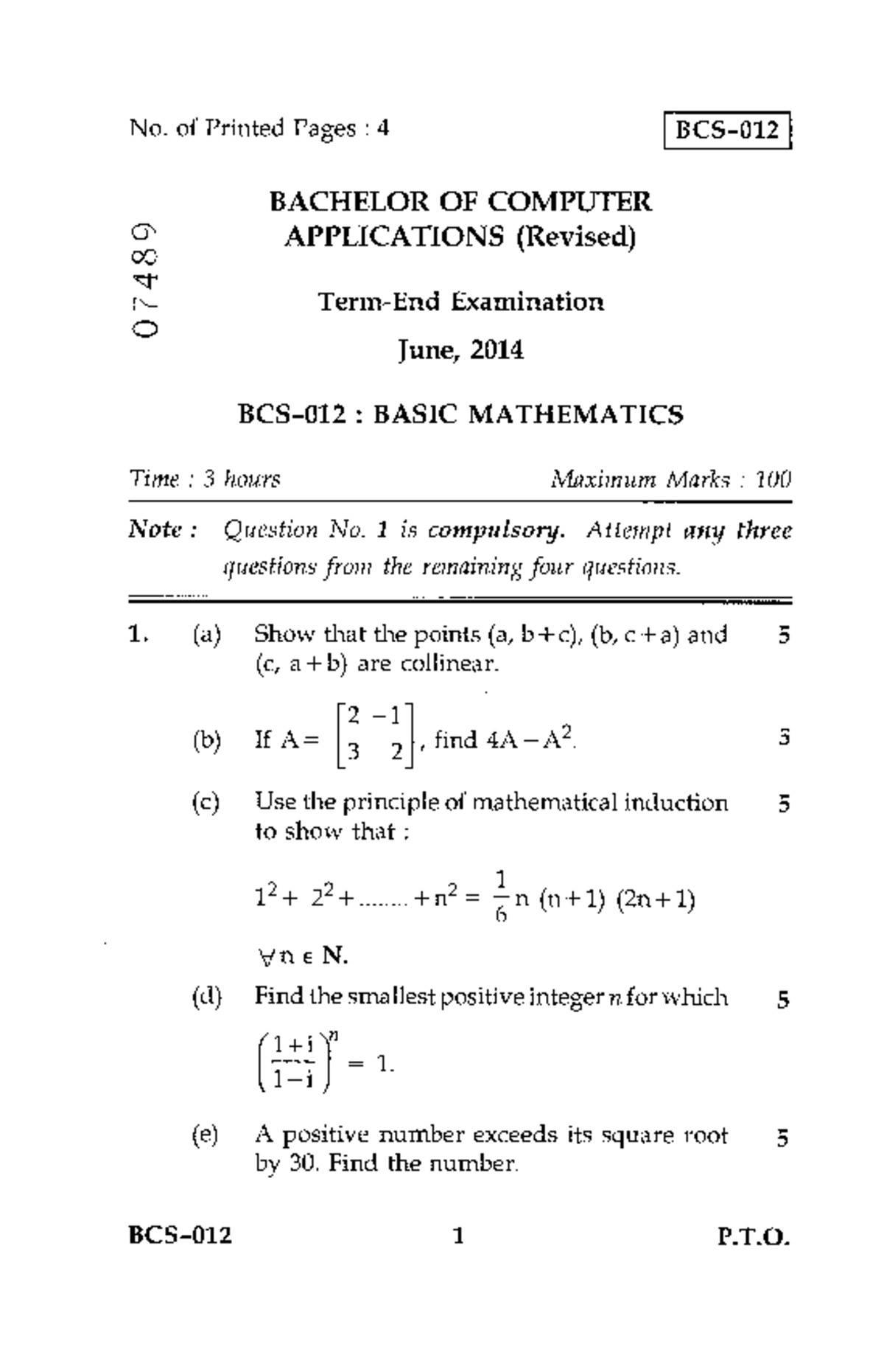 BCS-012 - Nill as nill - No. of Printed Pages : 4 BCS- BACHELOR OF ...