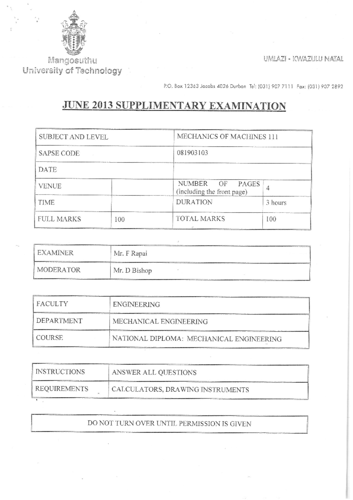 Mechanics 3 QP1 - Past paper - MEENEC - MUT - Studocu