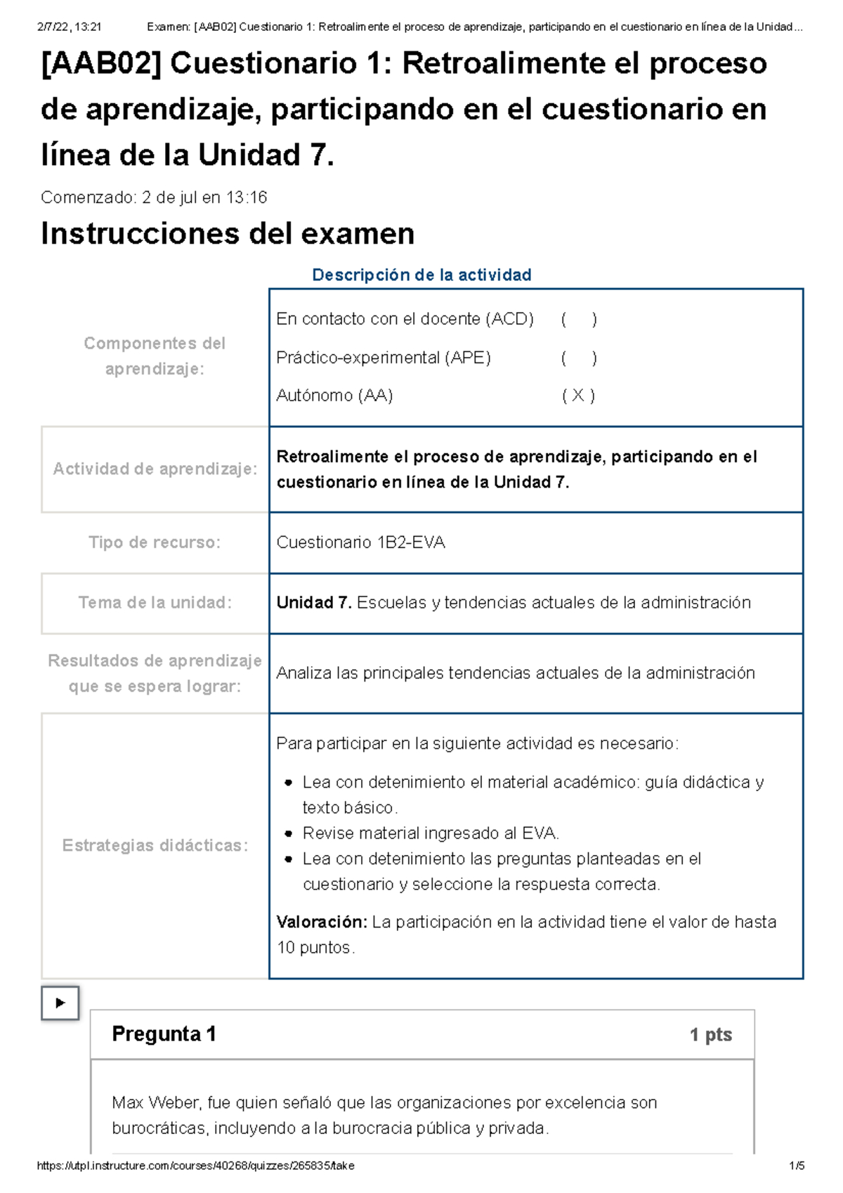 Examen [AAB02] Cuestionario 1 Retroalimente el proceso de aprendizaje, participando en el - Studocu