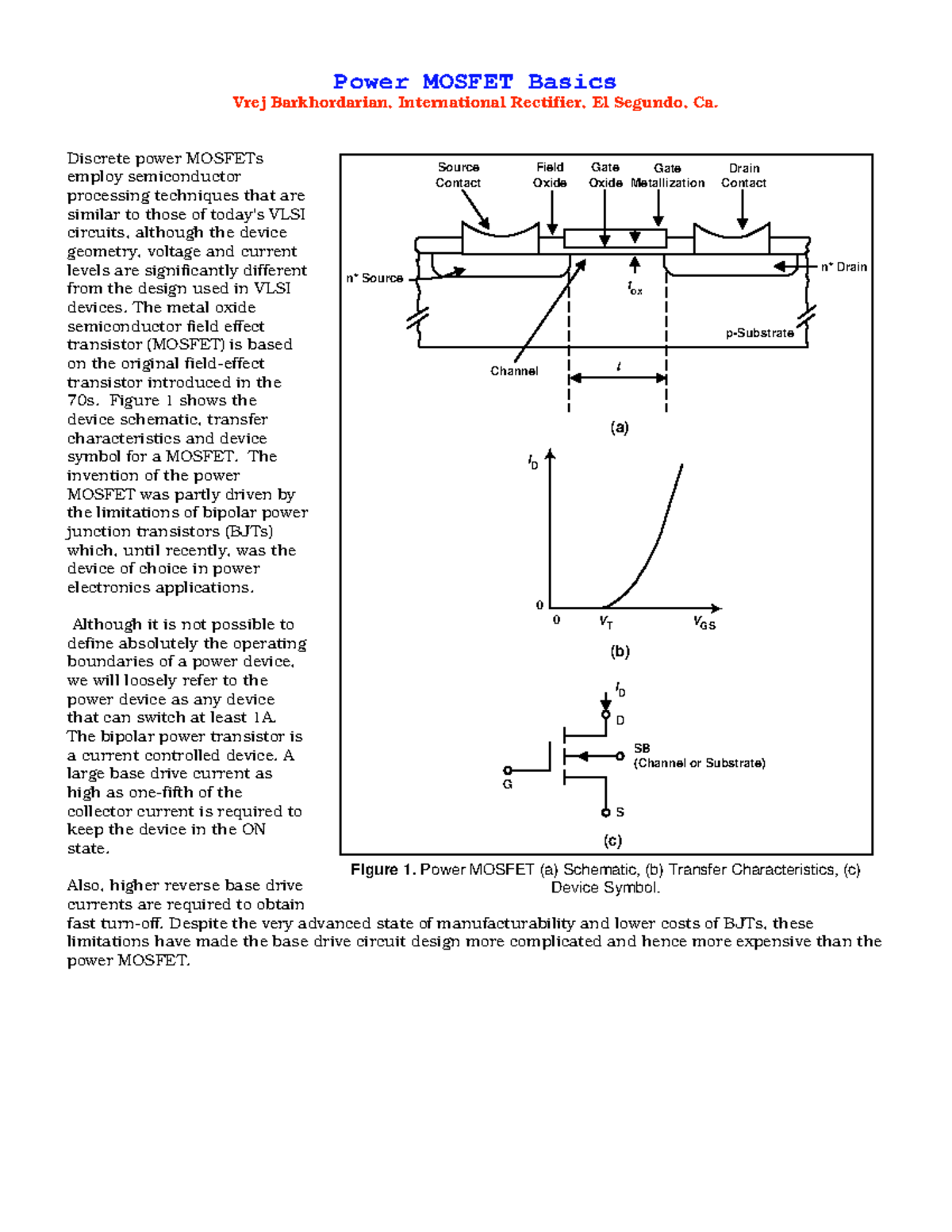 Mosfet r - zusammenfassung - Power MOSFET Basics Vrej Barkhordarian, International Rectifier, El ...