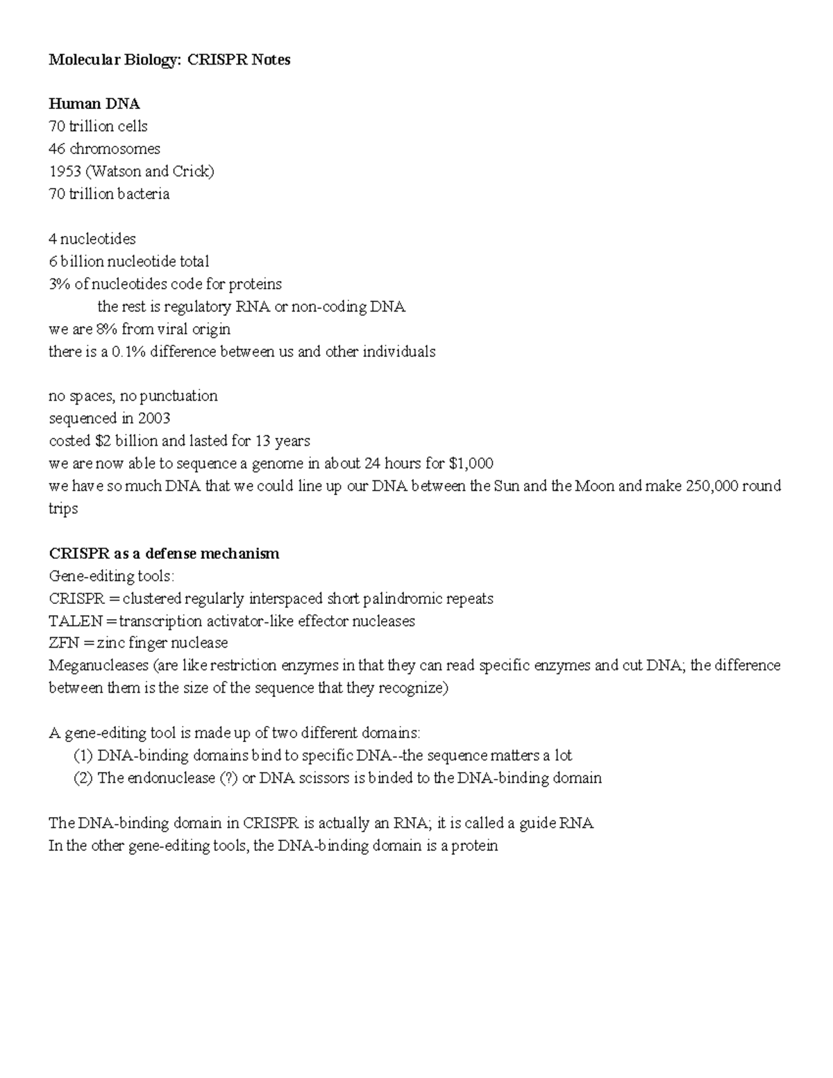 Molecular Biology CRISPR Notes - Molecular Biology: CRISPR Notes Human ...