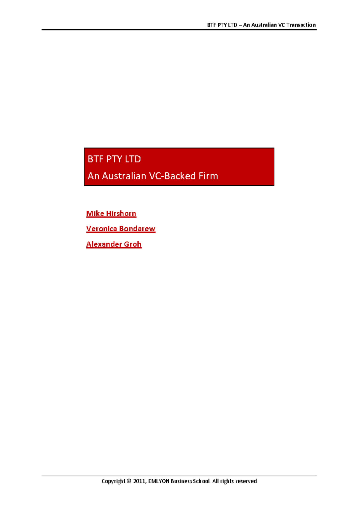 BTF Case Study Final Version - BTF PTY LTD An Australian VC-Backed Firm Mike Hirshorn Veronica ...