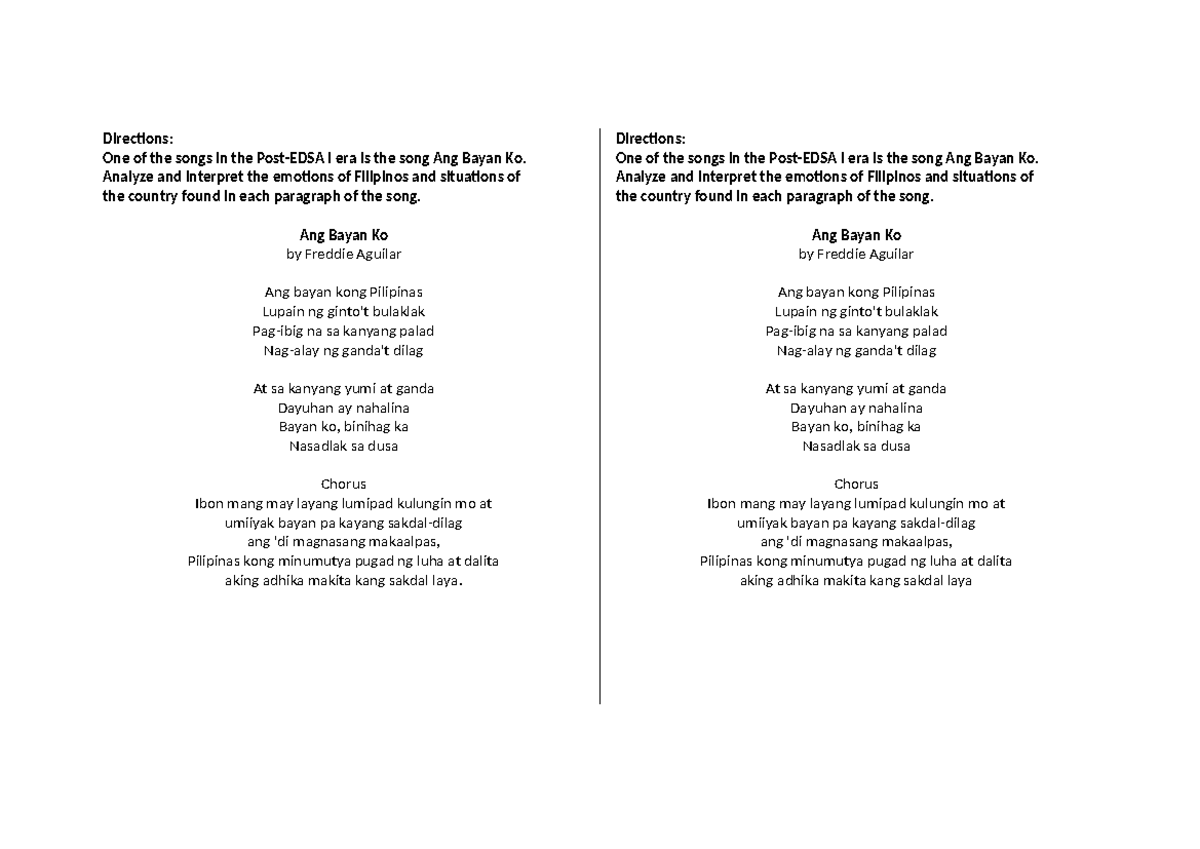 Ang Bayan Ko - A song. - Directions: One of the songs in the Post-EDSA ...