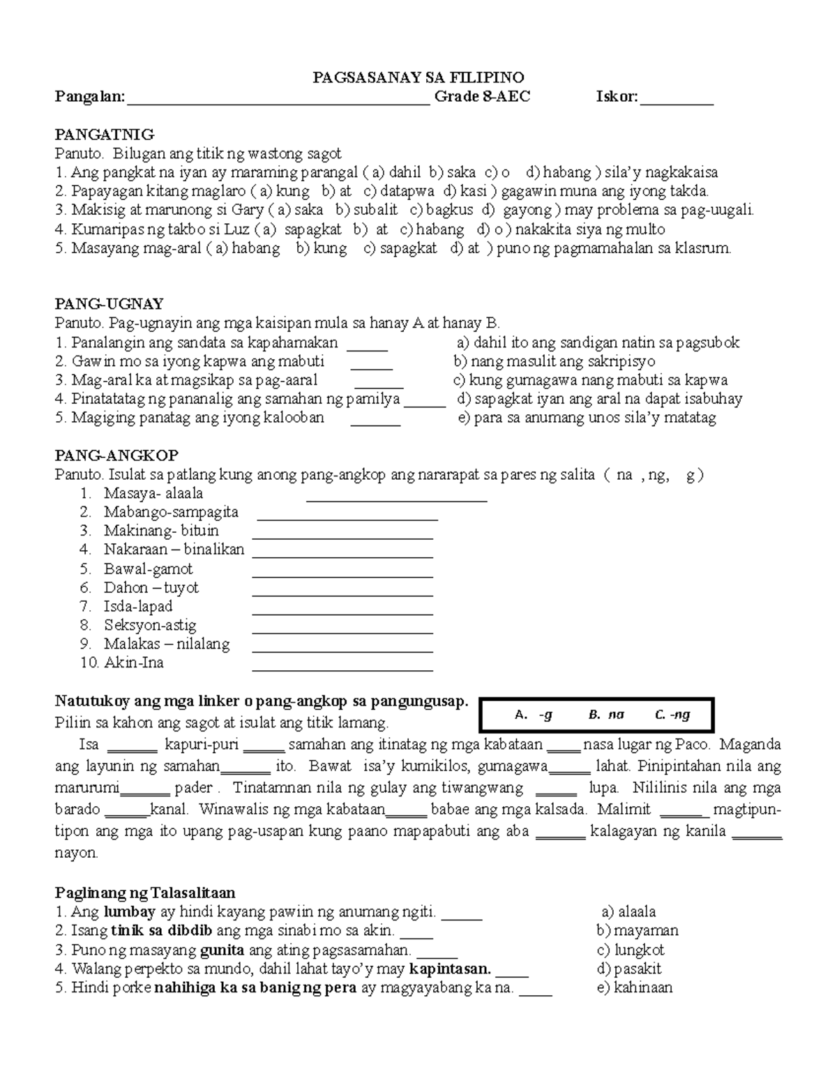 Genyo 2 - Compilation of Test - PAGSASANAY SA FILIPINO - Studocu