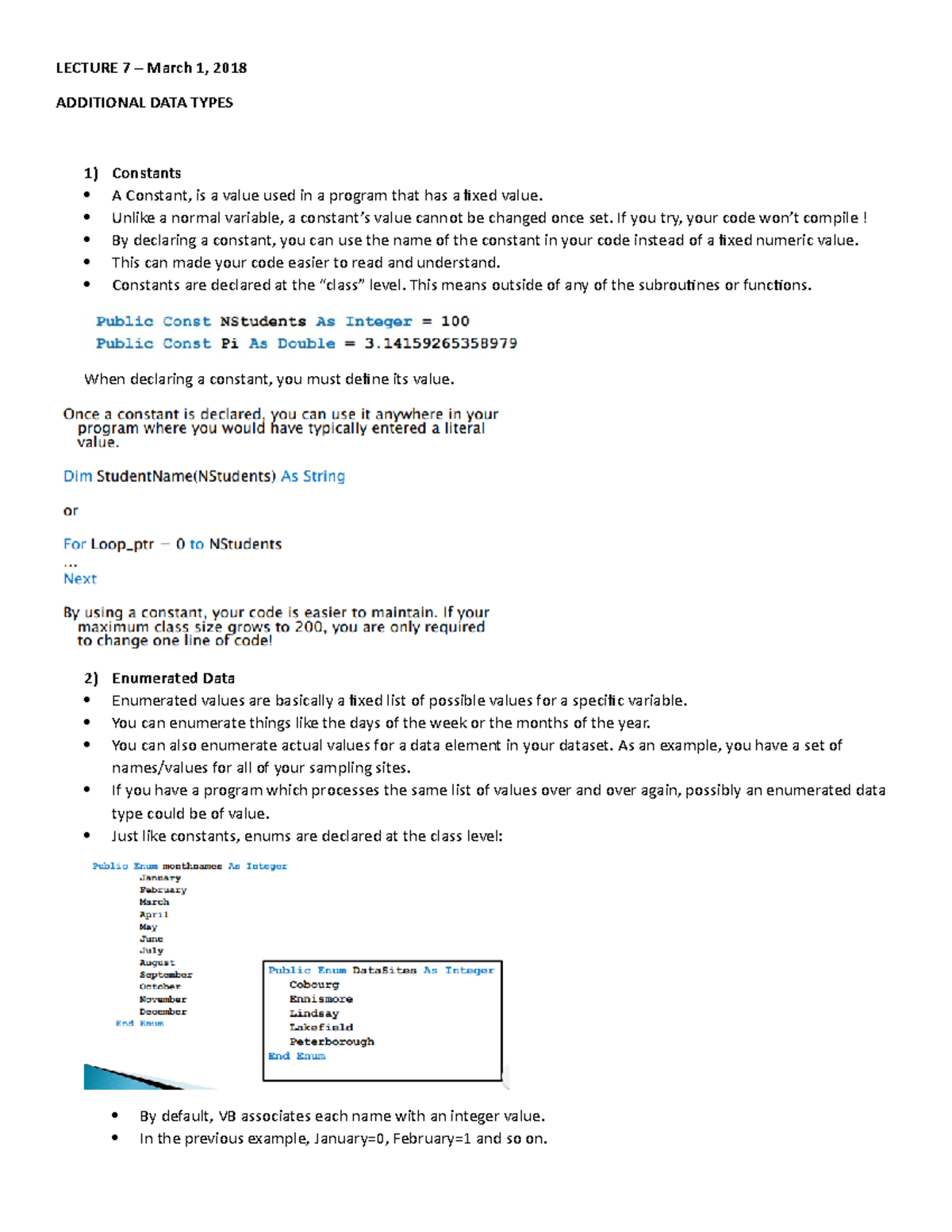 Lecture 7 - ADDITIONAL DATA TYPES - LECTURE 7 – March 1, 2018 ...