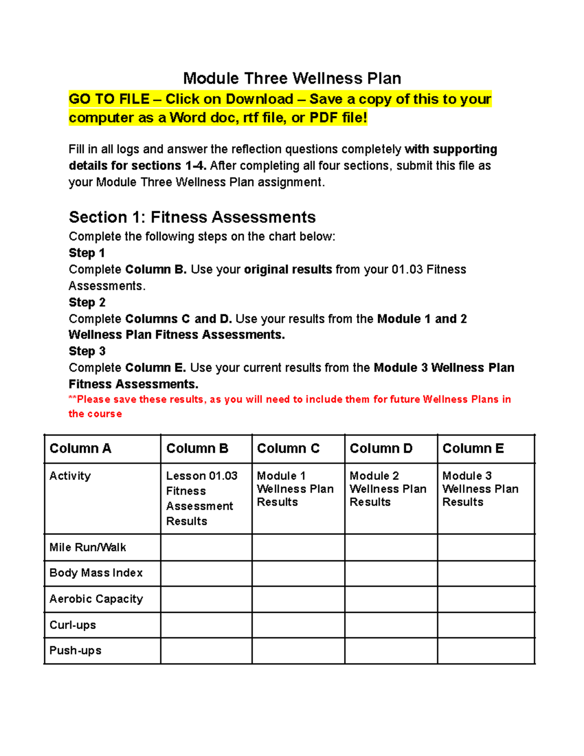 Copy of Module Three Wellness Plan - Module Three Wellness Plan GO TO ...