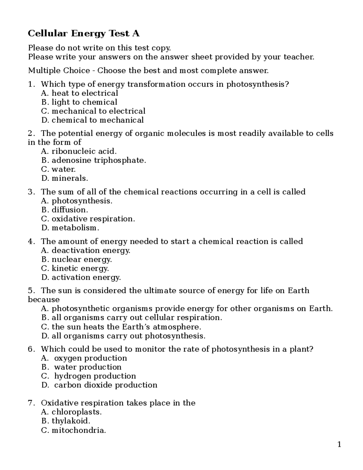 Cells energy respiration photosynthesis test questions - Cellular ...