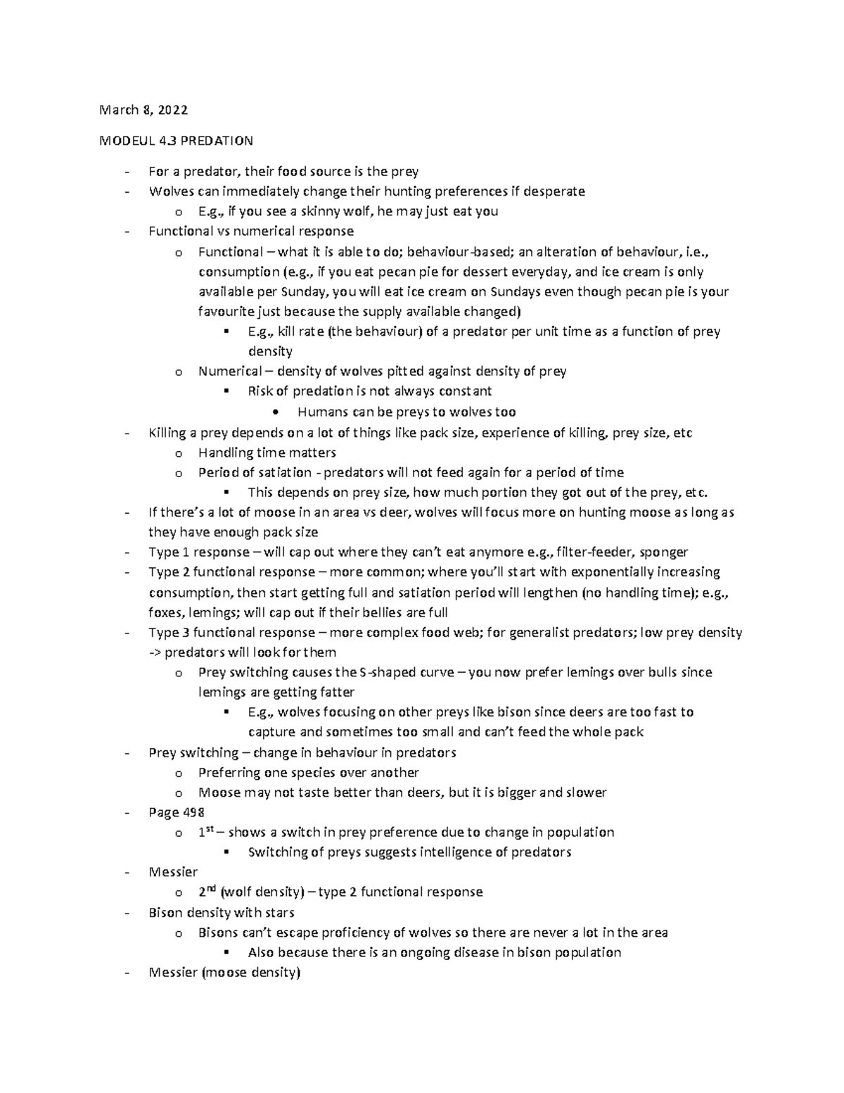 March 8 - predation, type 1, 2 and 3 functional responses, prey ...