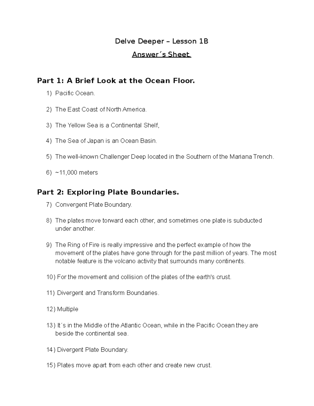 Delve Deeper Lesson 1B - Delve Deeper – Lesson 1B Answer ́s Sheet. Part ...