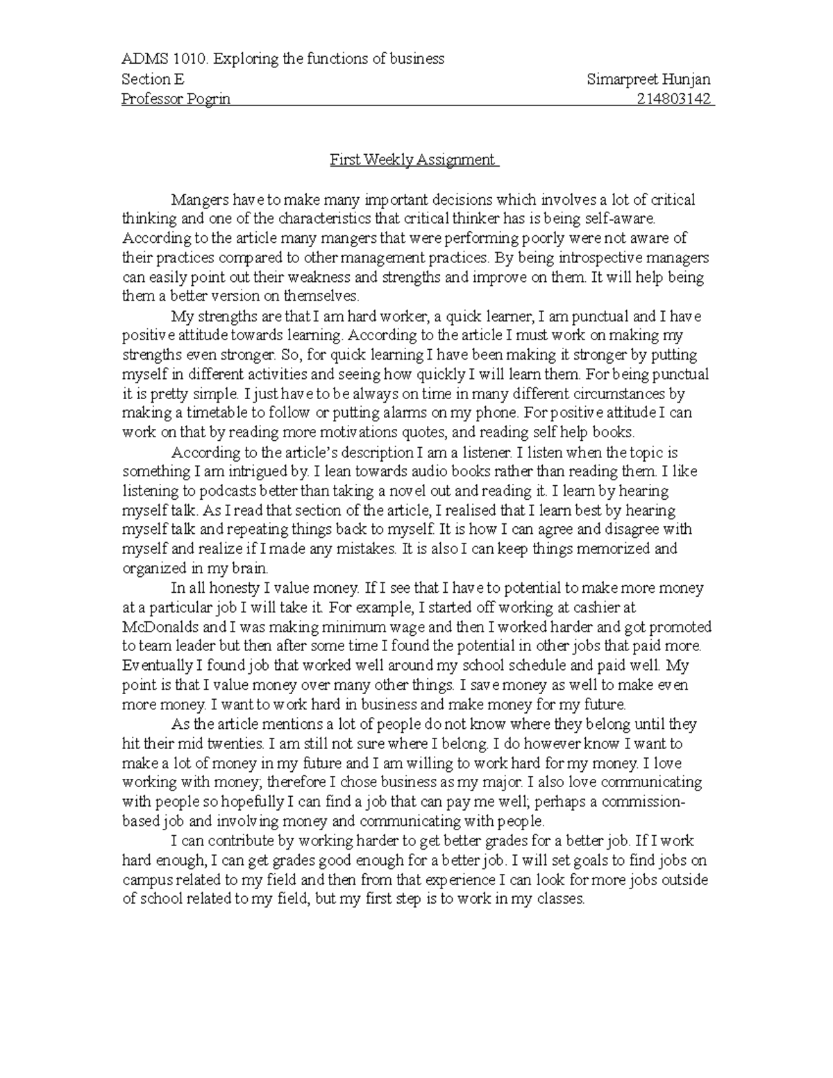 Weekly Assignment 1 ADSM1010 - ADMS 1010. Exploring the functions of business Section E ...