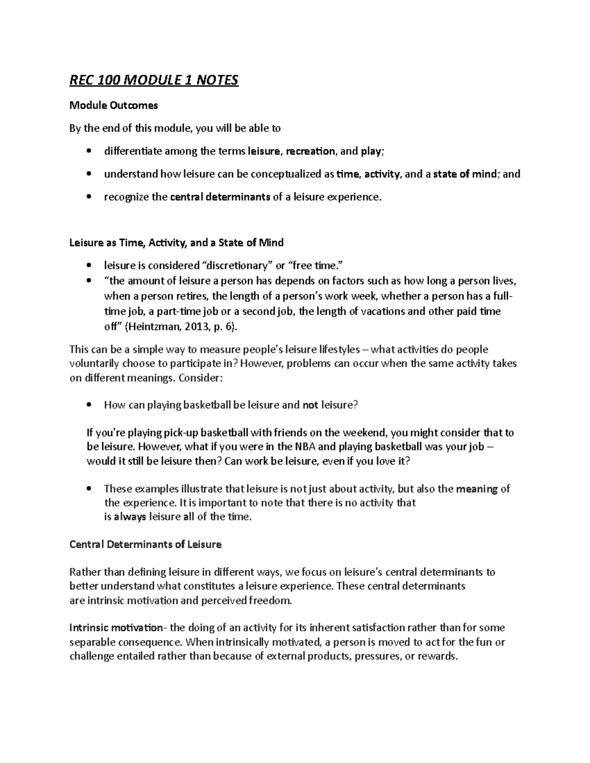 REC 100 Module 1 Notes - REC 100 MODULE 1 NOTES Module Outcomes By the ...