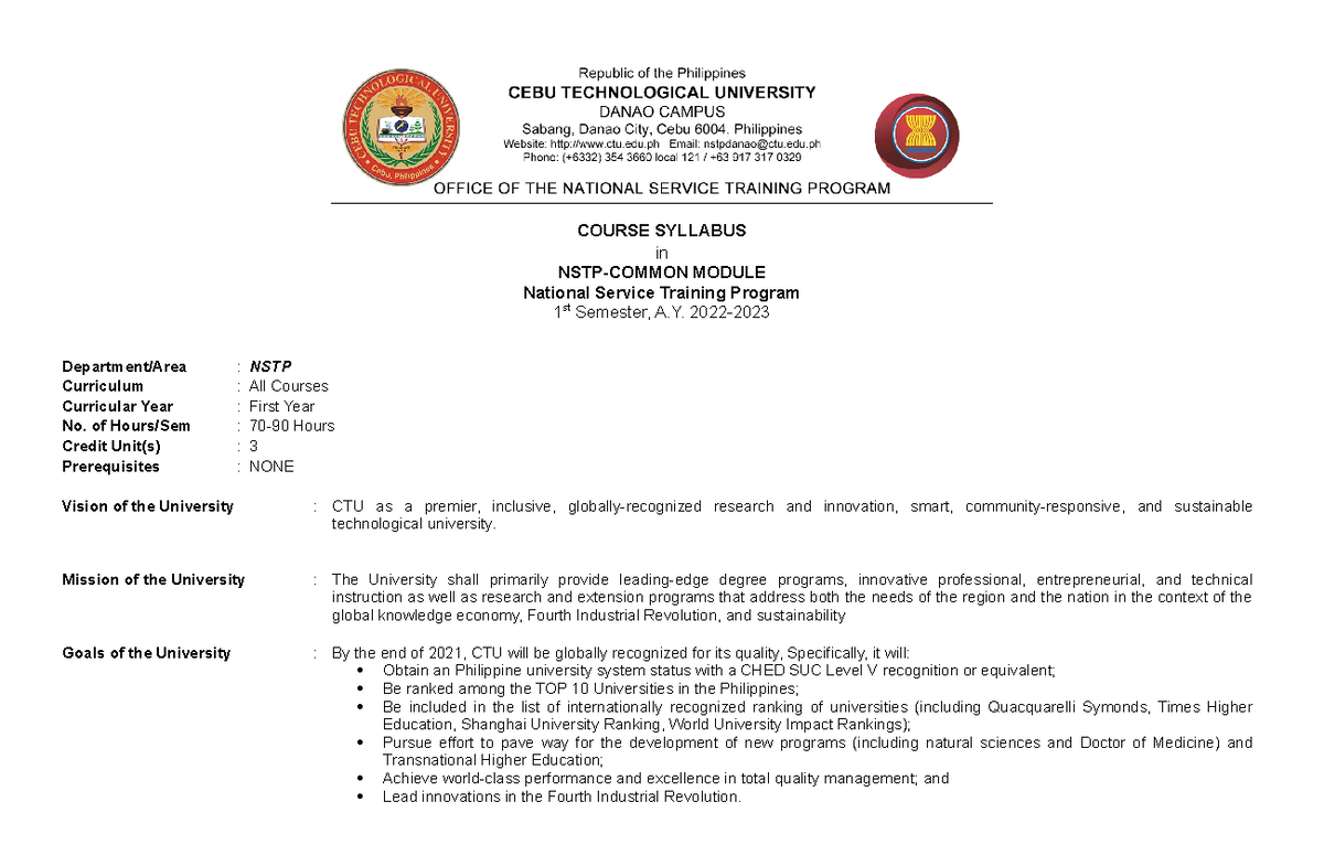 Commom Module and CWTS1 Syllabus 2022-2023 - COURSE SYLLABUS in NSTP ...