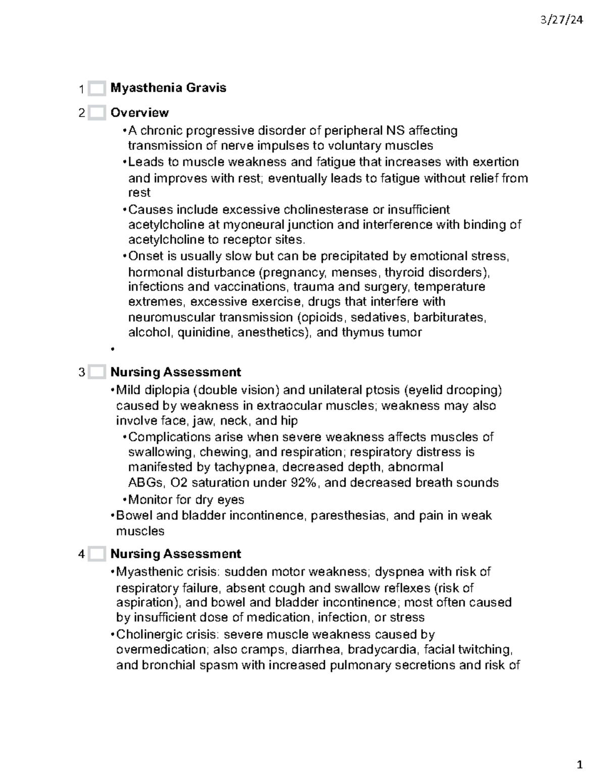 Myasthenia Gravis outline - 3/27/ 1 Myasthenia Gravis Overview • A ...