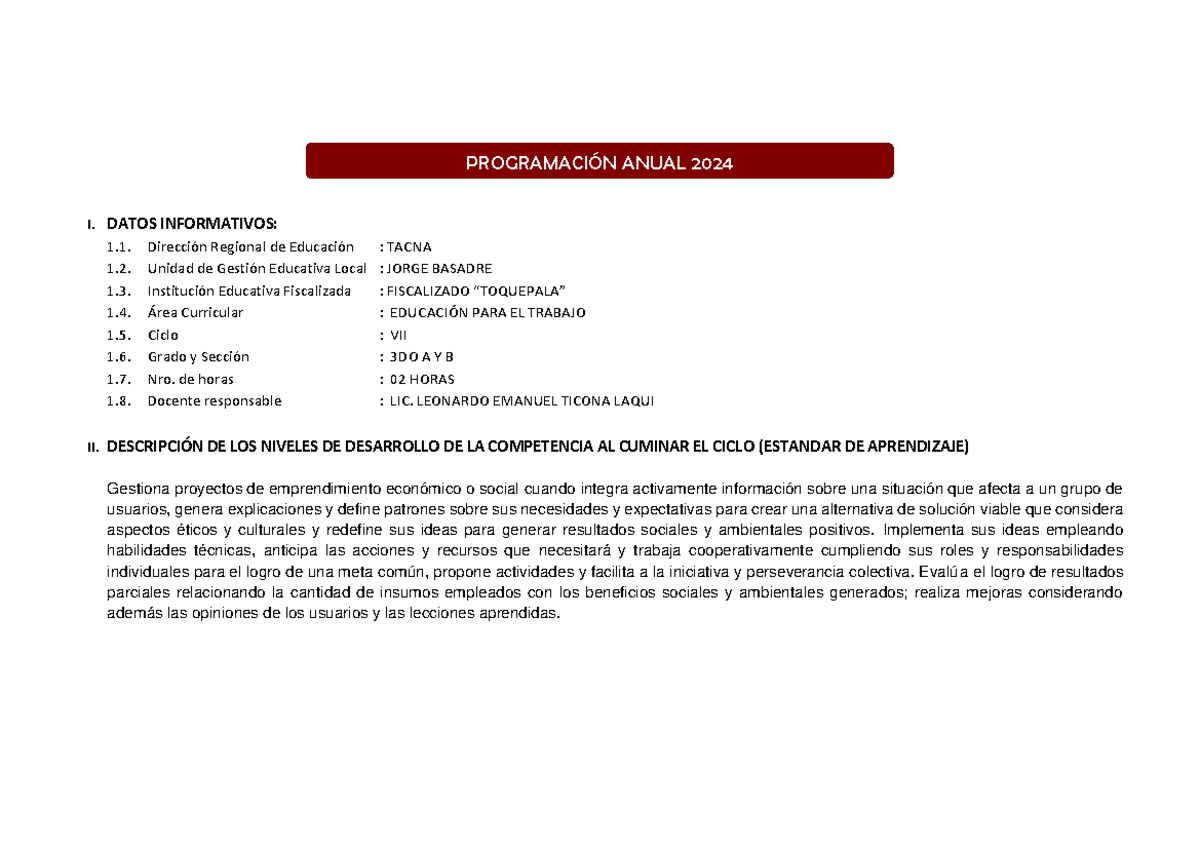 Programación Anual 2024 - 3RO SEC - EPT - I. DATOS INFORMATIVOS: 1. Dirección Regional de ...