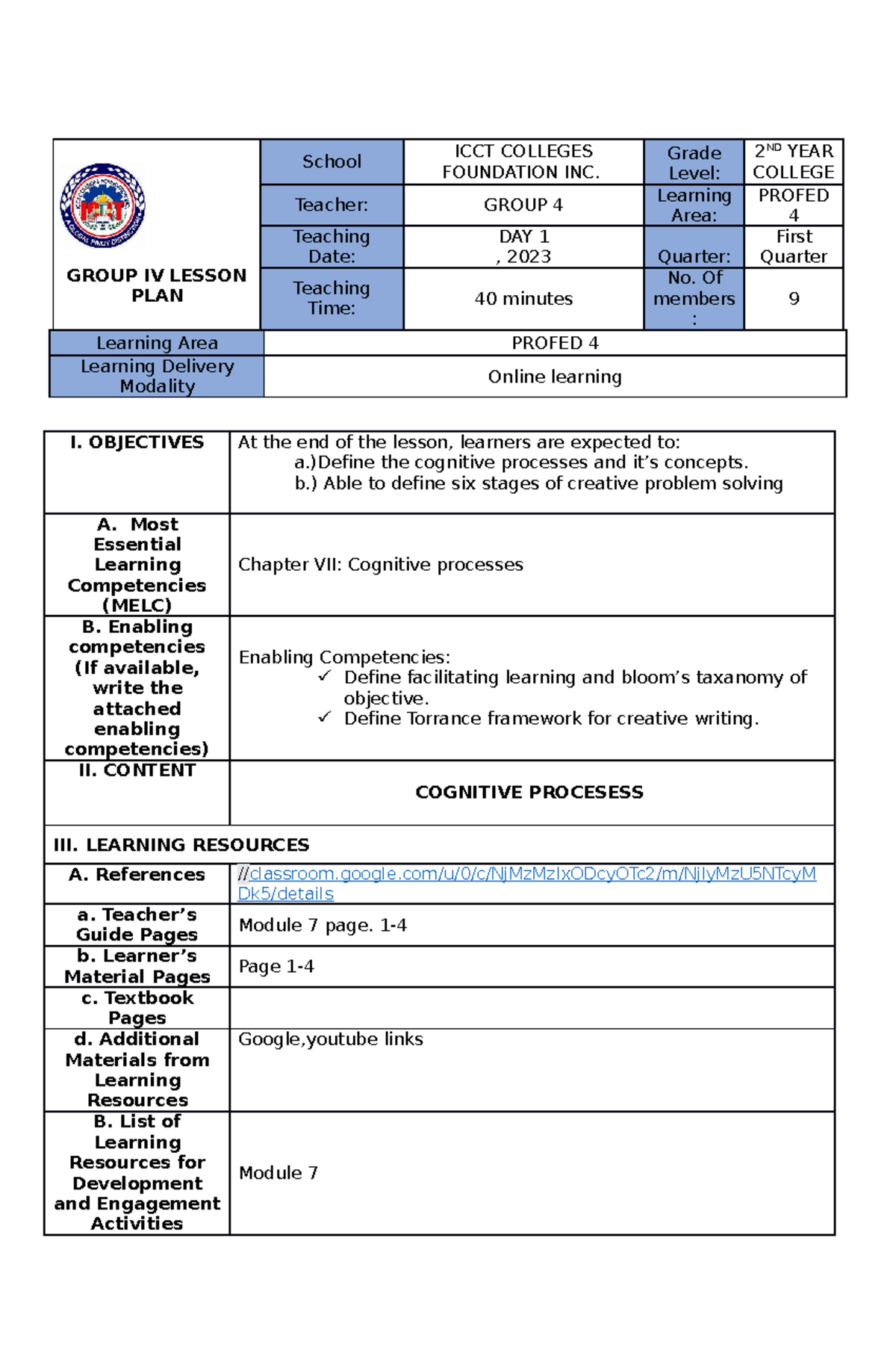 Group-4-LP-1 - None - GROUP IV LESSON PLAN School ICCT COLLEGES ...