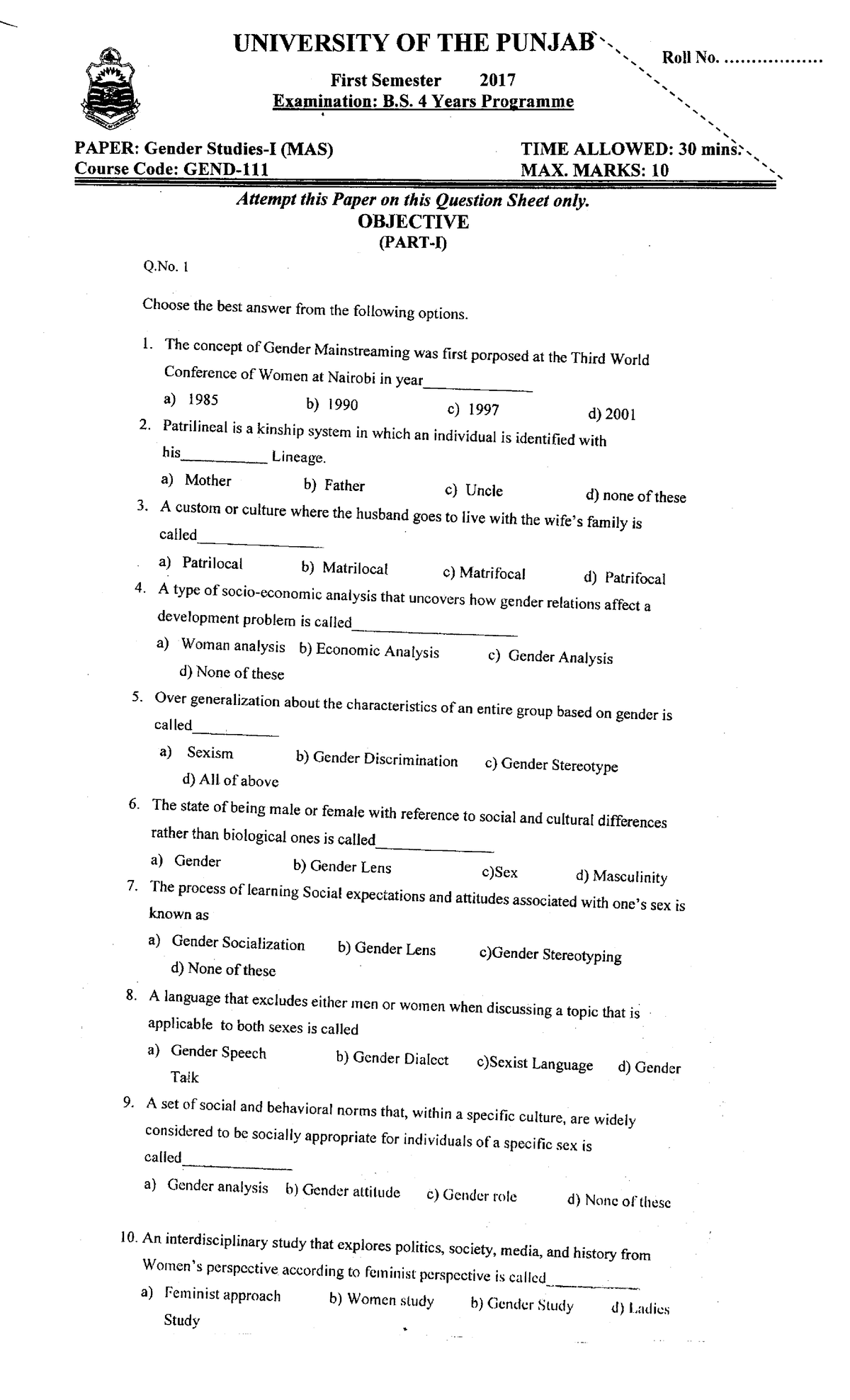 Gender- PU past papers pdf - UNIVERSITY OF THE PUNJAB'.. First Semester ...