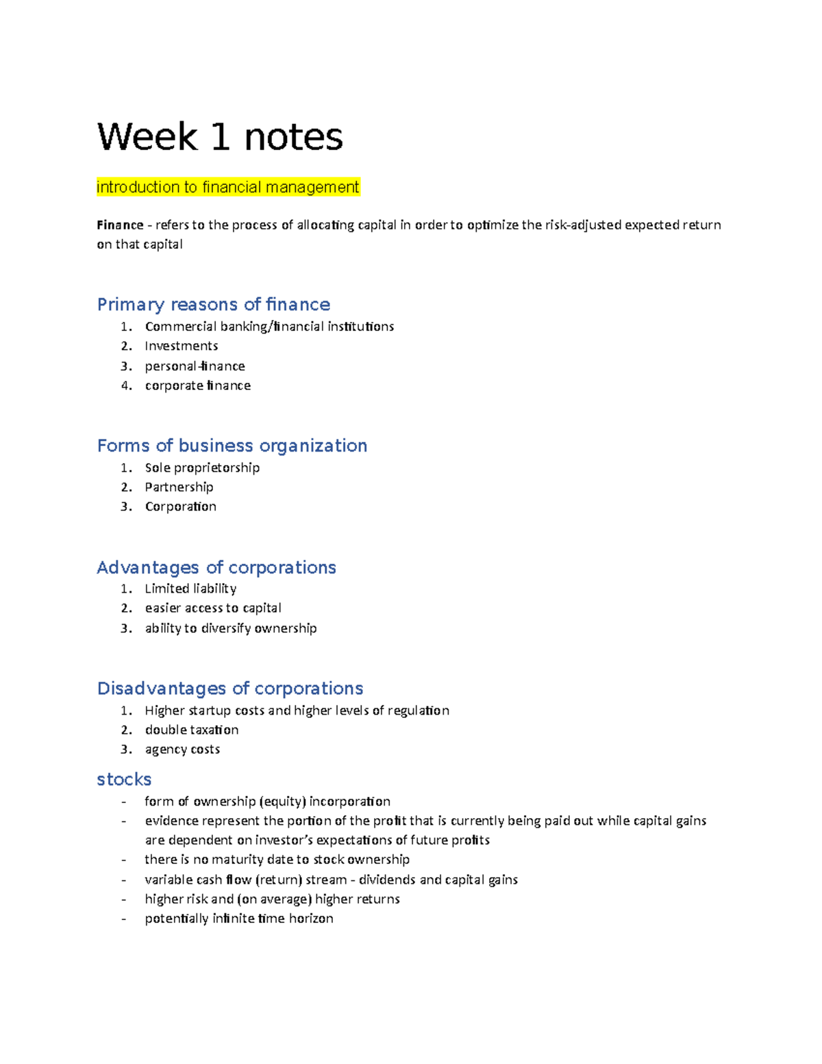 Week 1 Notes - FINC 330 - Week 1 notes introduction to financial ...