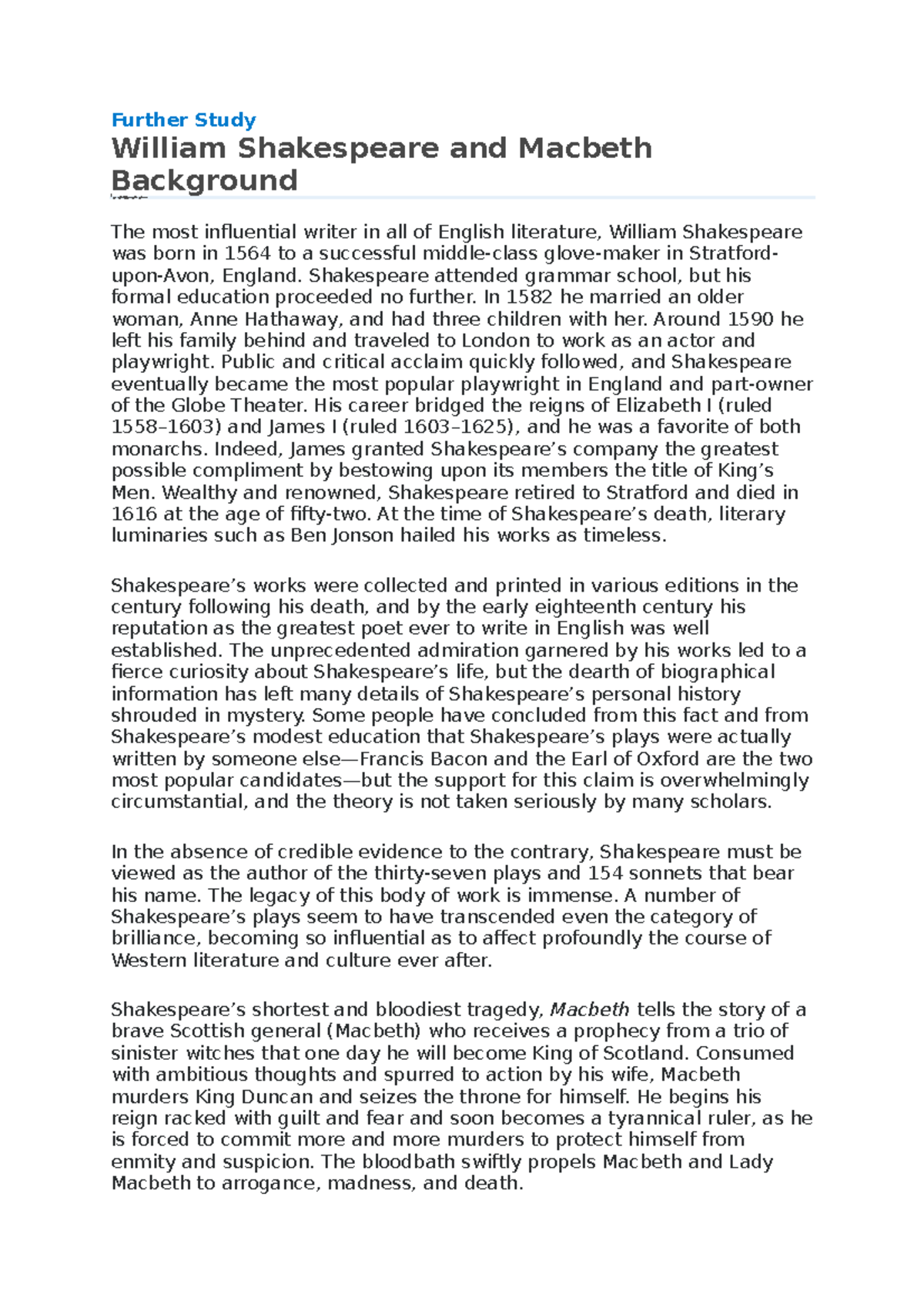 Macbeth Shakespeare & Macbeth background - Further Study William ...