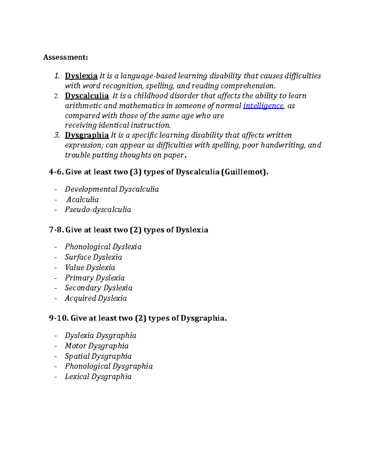 Assessment with answers learning disabilities - secondary education ...