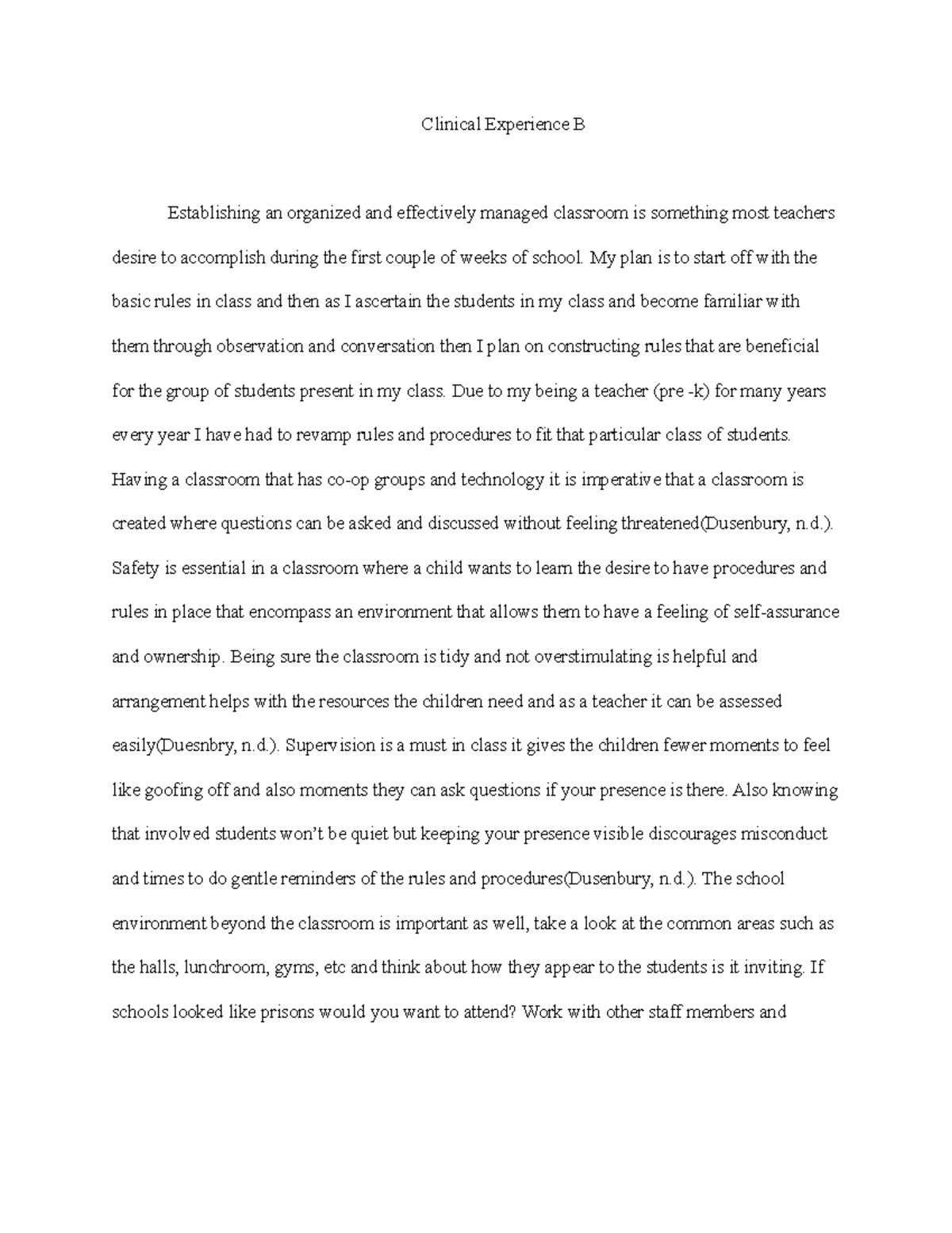 Clinical Experience B 1 A - Clinical Experience B Establishing an ...