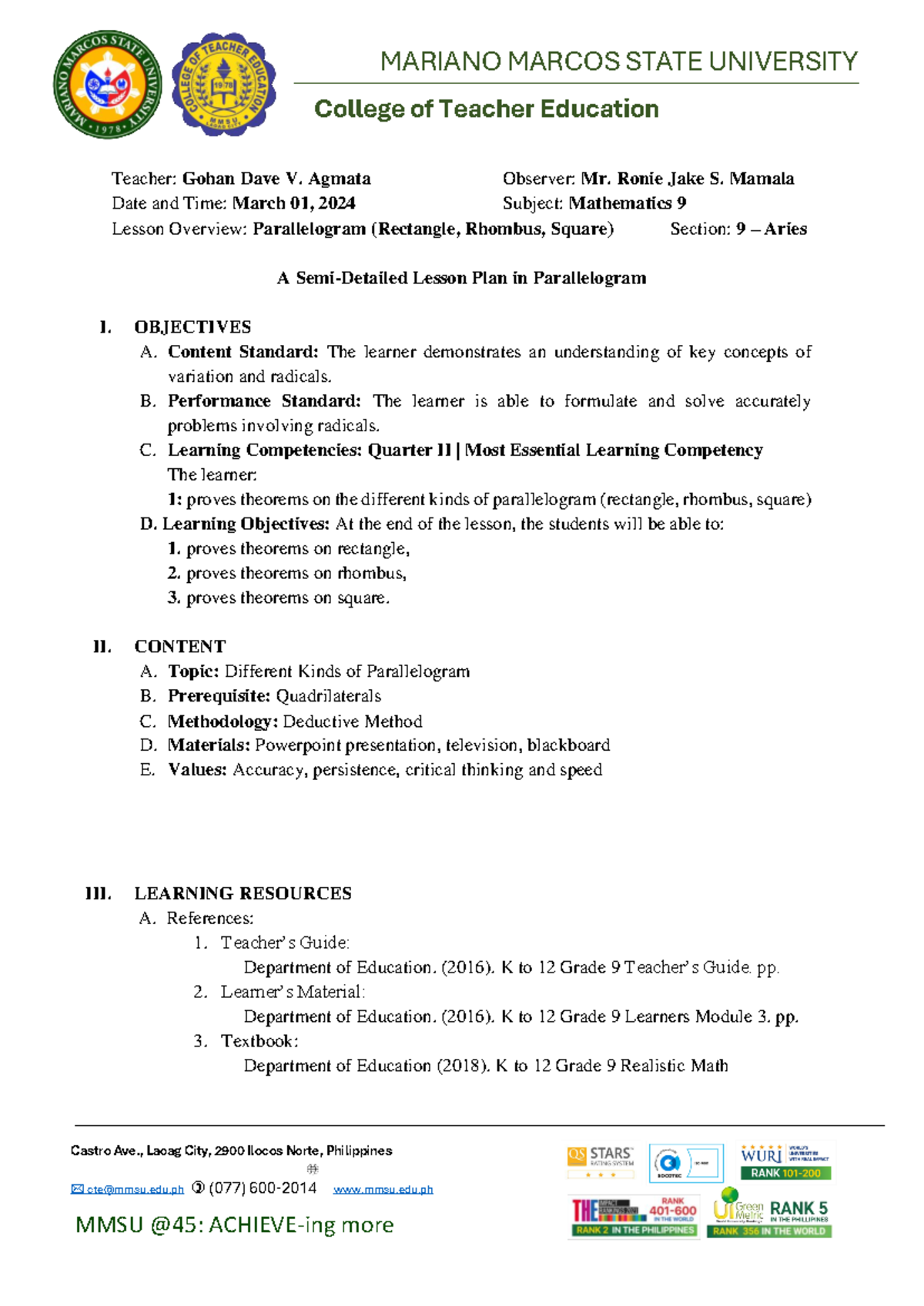 Lesson Plan in Mathematics 9 Q3-Kinds Of Parallelogram - College of ...