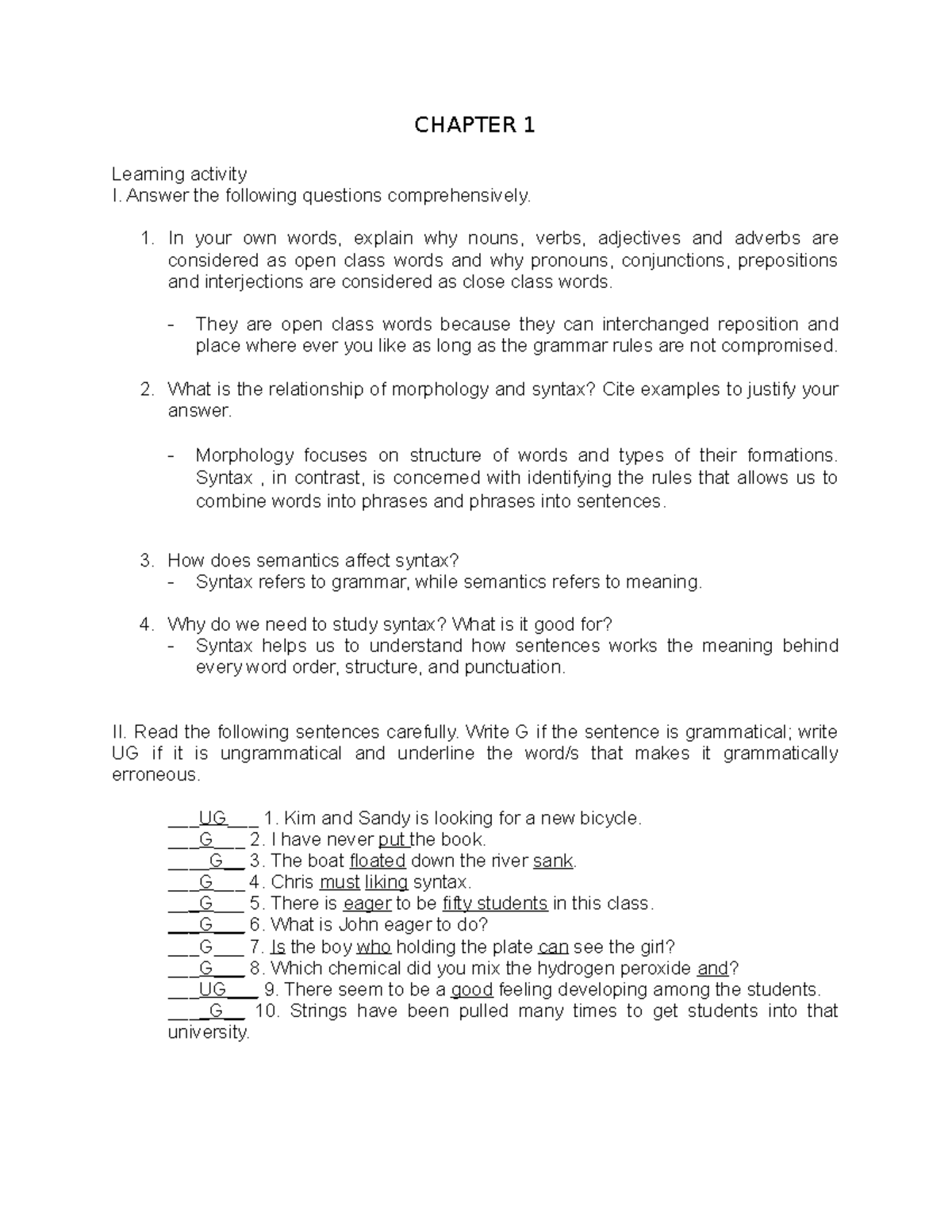 Eng. Syntax Answer Sheet - CHAPTER 1 Learning activity I. Answer the ...