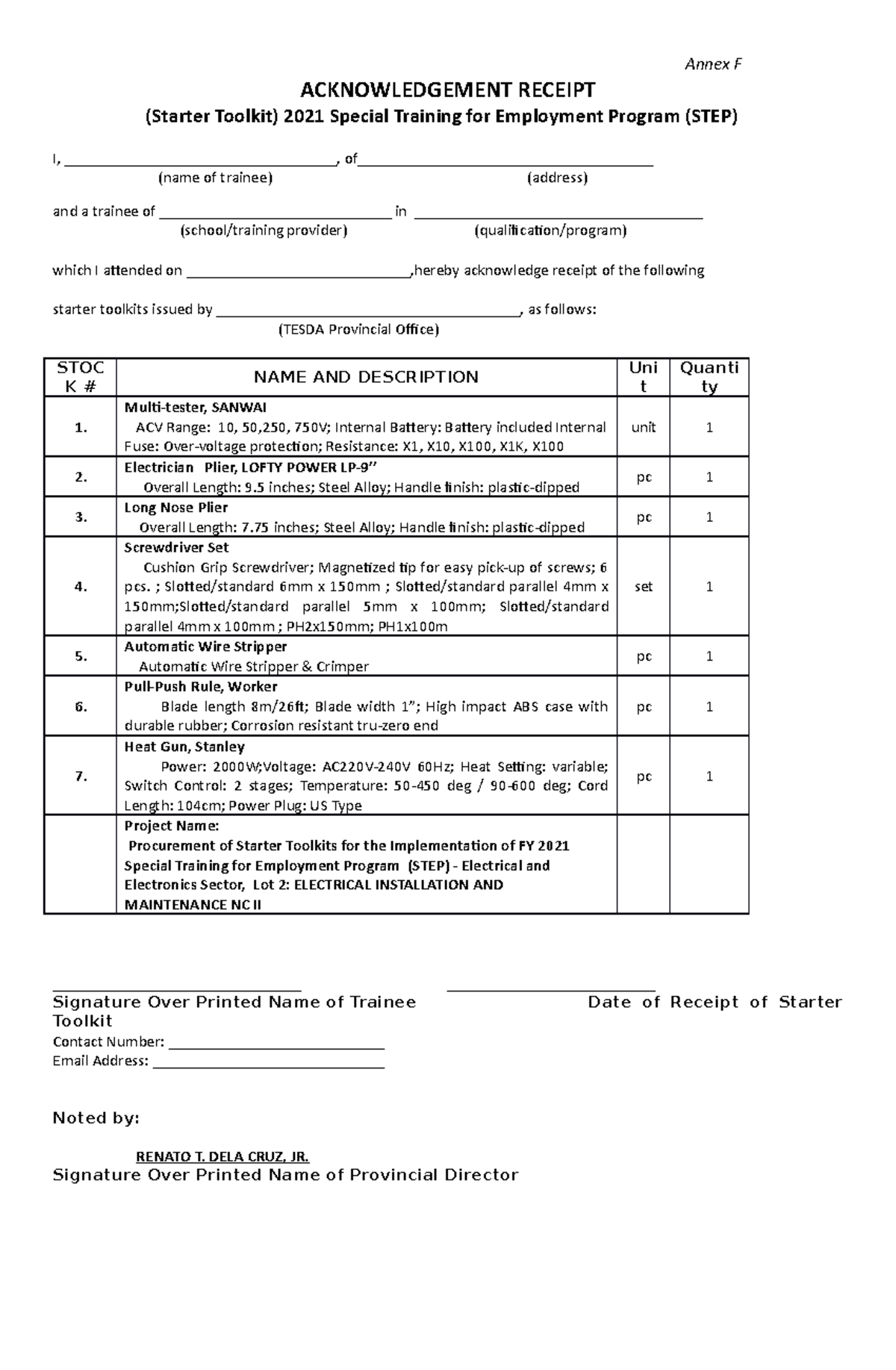 Annex F - fgh - Annex F ACKNOWLEDGEMENT RECEIPT (Starter Toolkit) 2021 Special Training for ...