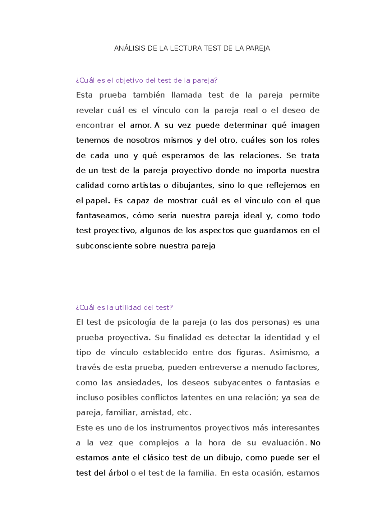Análisis DE LA Lectura TEST DE LA Pareja - ANÁLISIS DE LA LECTURA TEST ...