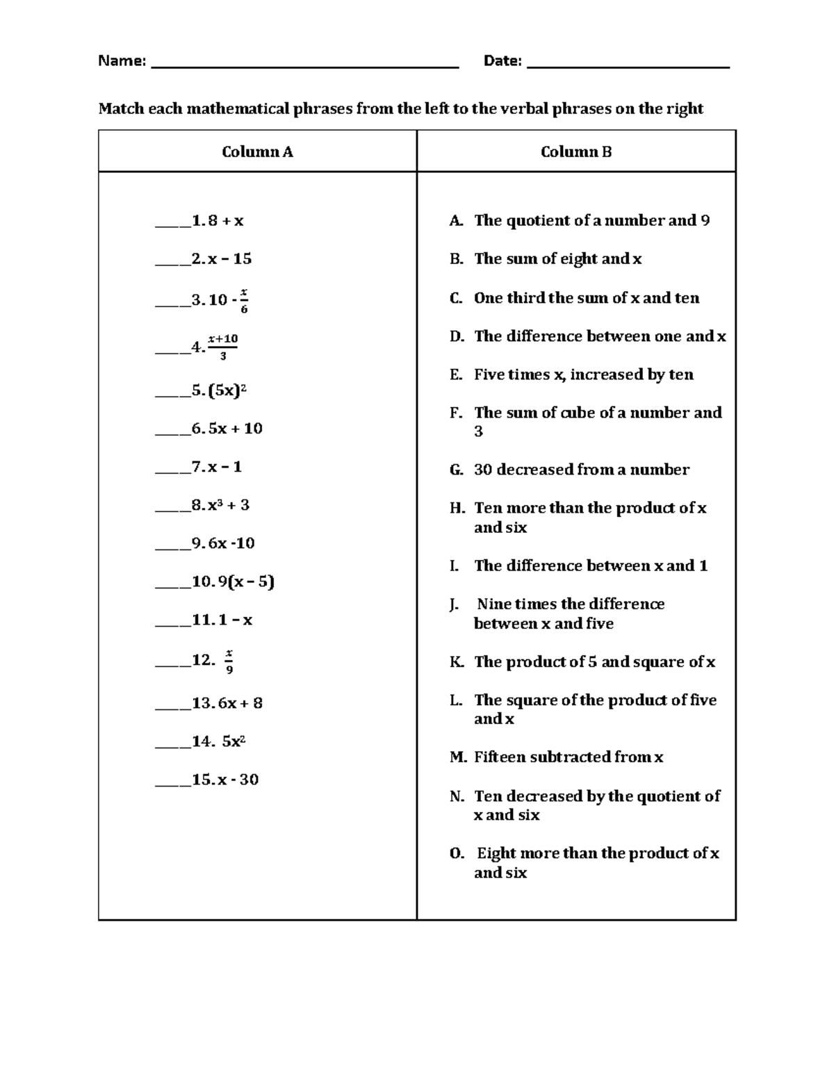 Match each mathematical phrases from the left to the verbal phrases on ...