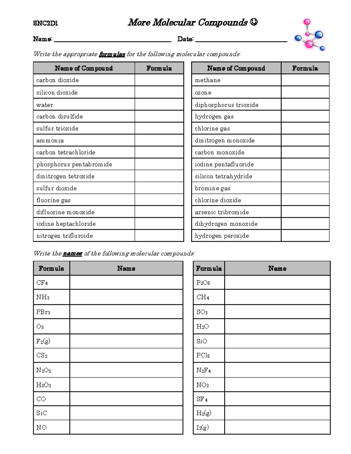 SNC2D 1 More Molecular Compounds Worksheet - SNC2D1 More Molecular ...