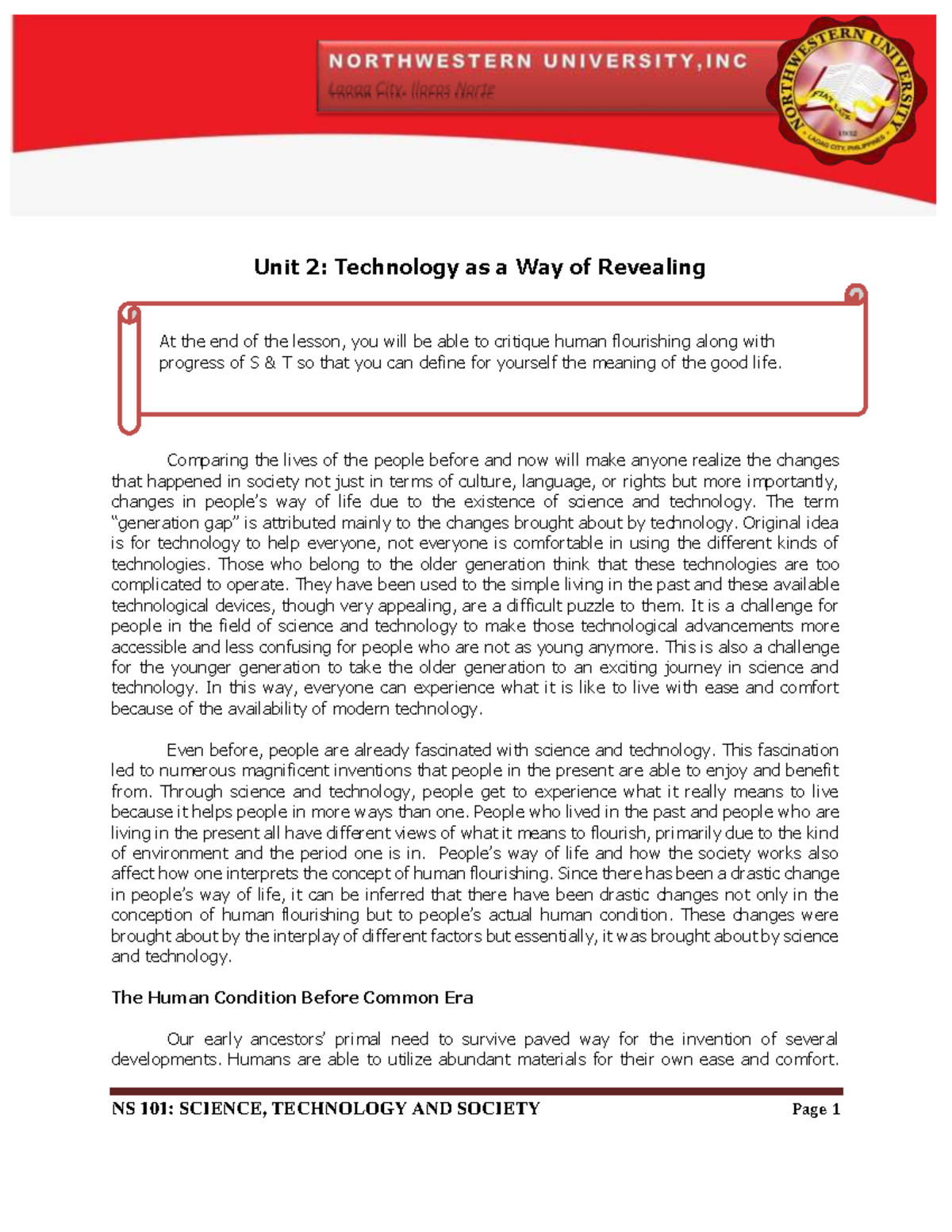 Mod2-Unit2 - I hope it helps - NS 101: SCIENCE, TECHNOLOGY AND SOCIETY Page 1 At the end of the ...