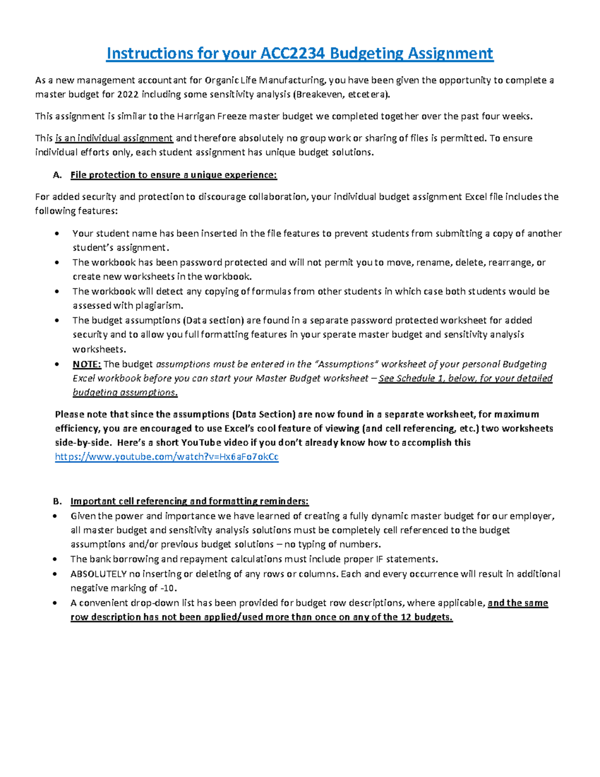 Instructions to ACC2234 Budgeting Assignment February 2022 - Instructions for your ACC2234 ...